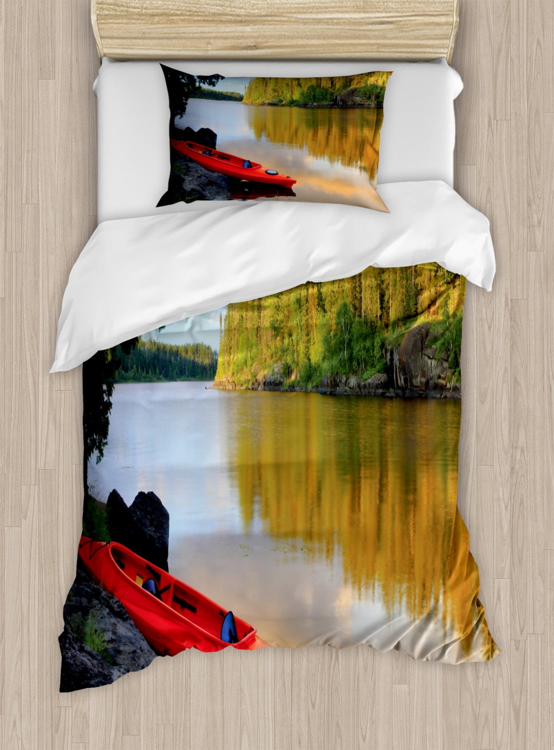 Minnesota Duvet Cover Set Twin Size, Red Canoe Sitting on the Rocks at ...
