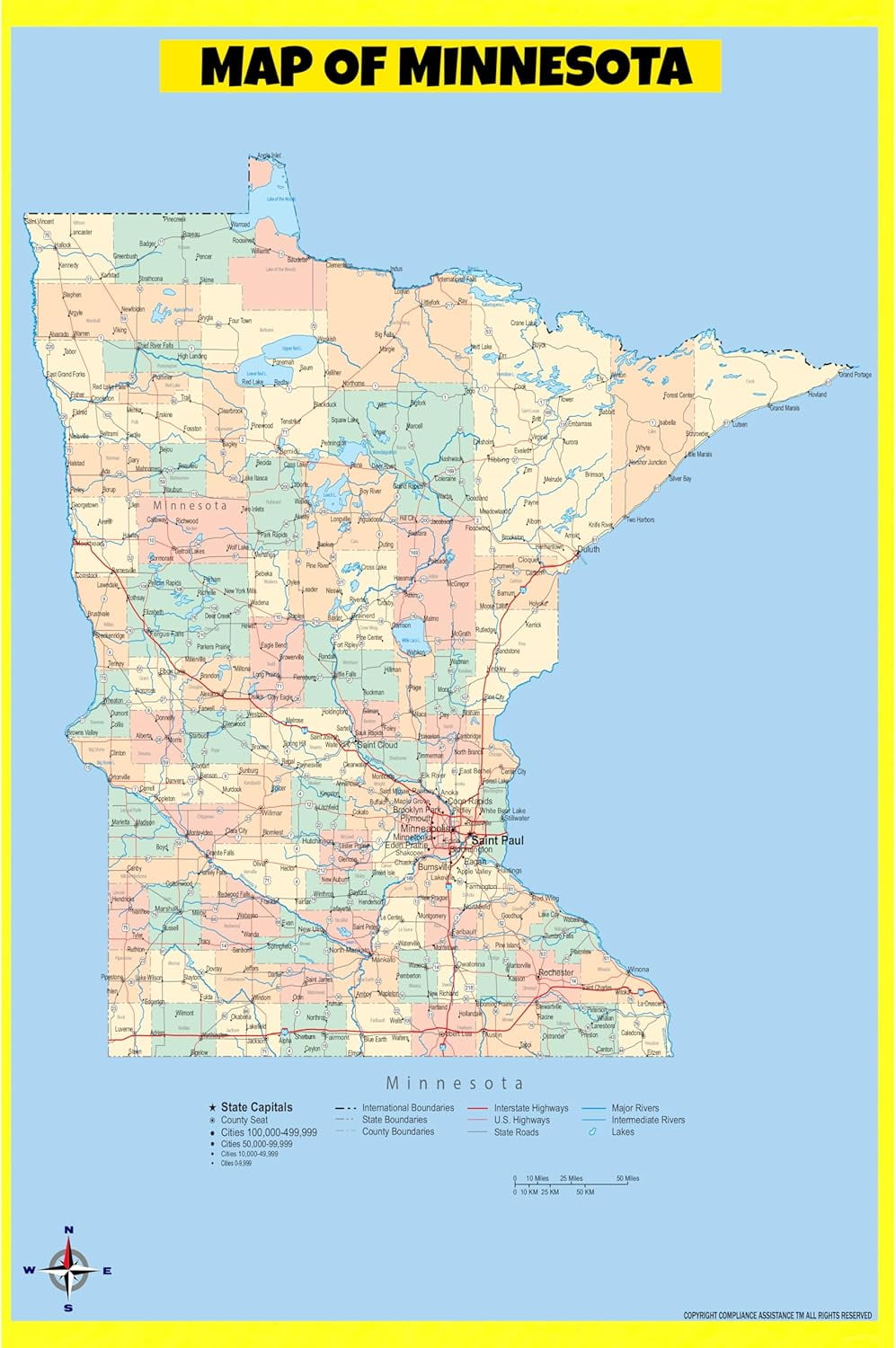 Minnesota - Map Poster - Laminated Wall Map - Style A - 24x36 - Ideal for Classrooms and Homes ...