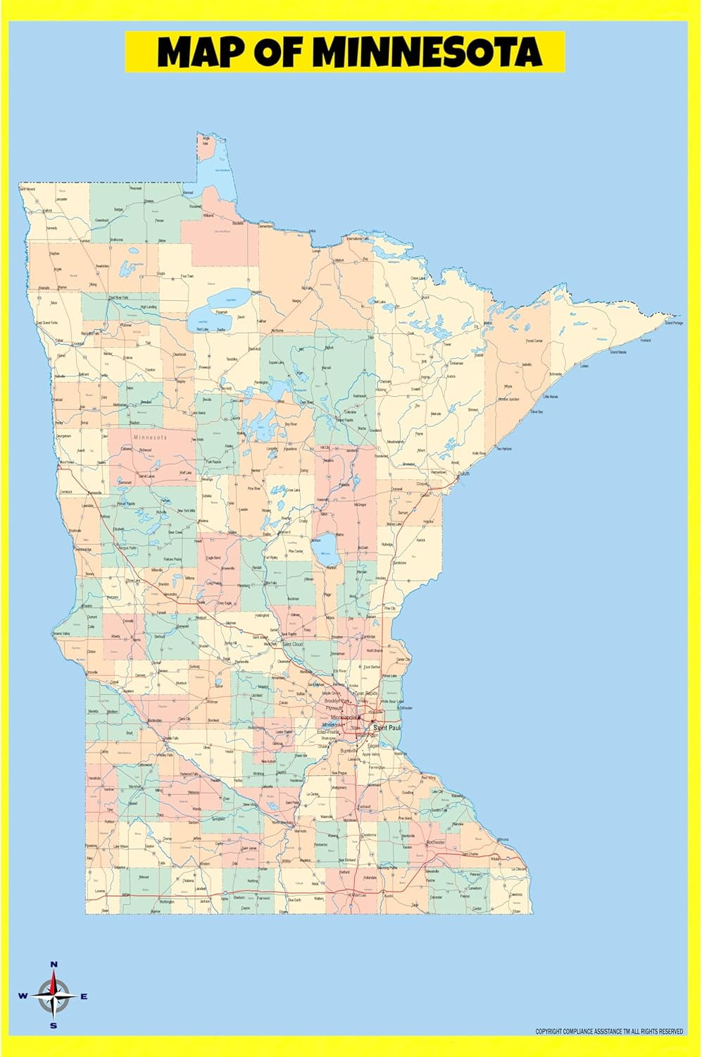 Minnesota Map Poster - Laminated Wall Map - Style E - 24x36 - Ideal for Classrooms and Homes ...