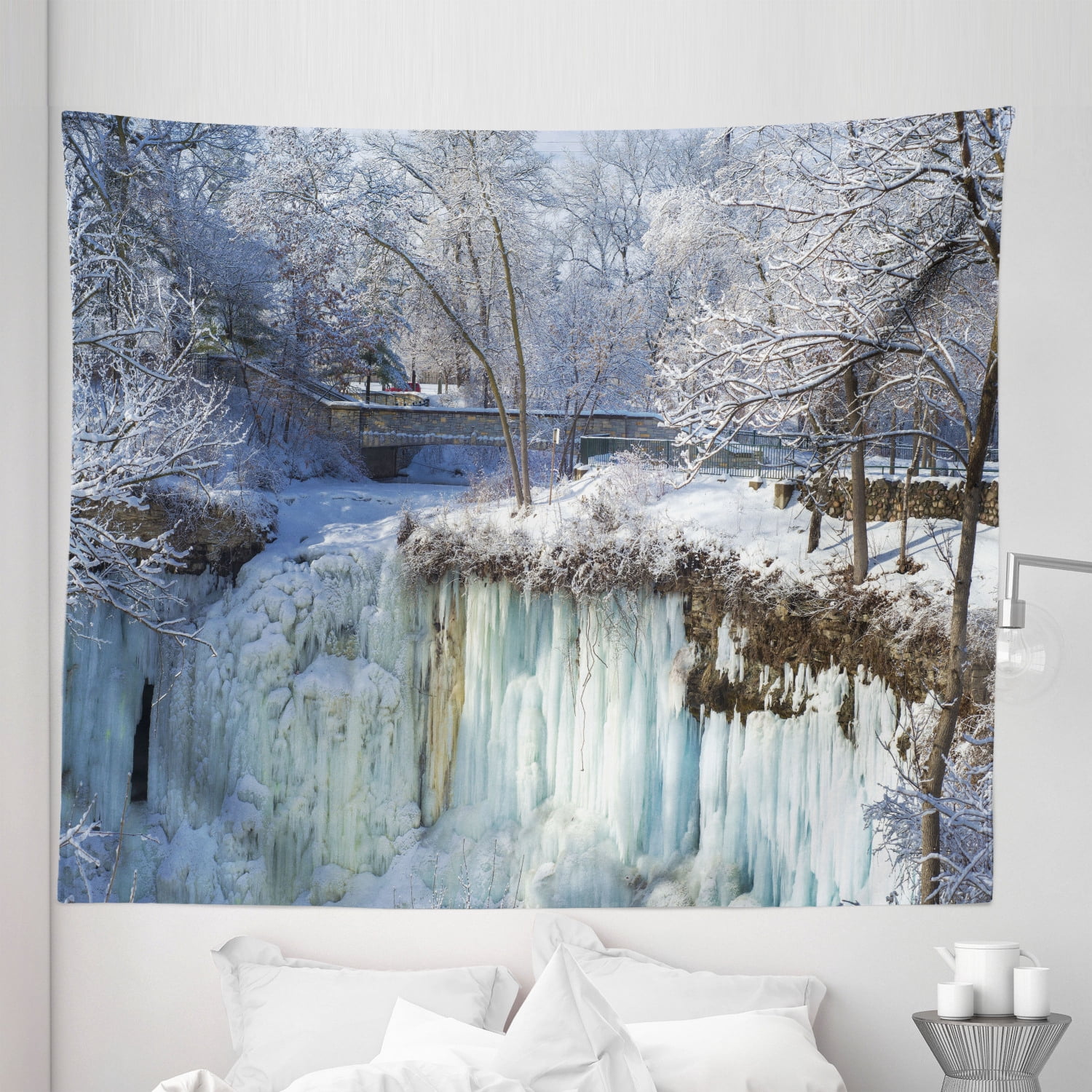Minnesota Tapestry, Frozen Minnehaha Falls and Footbridge in City Park ...