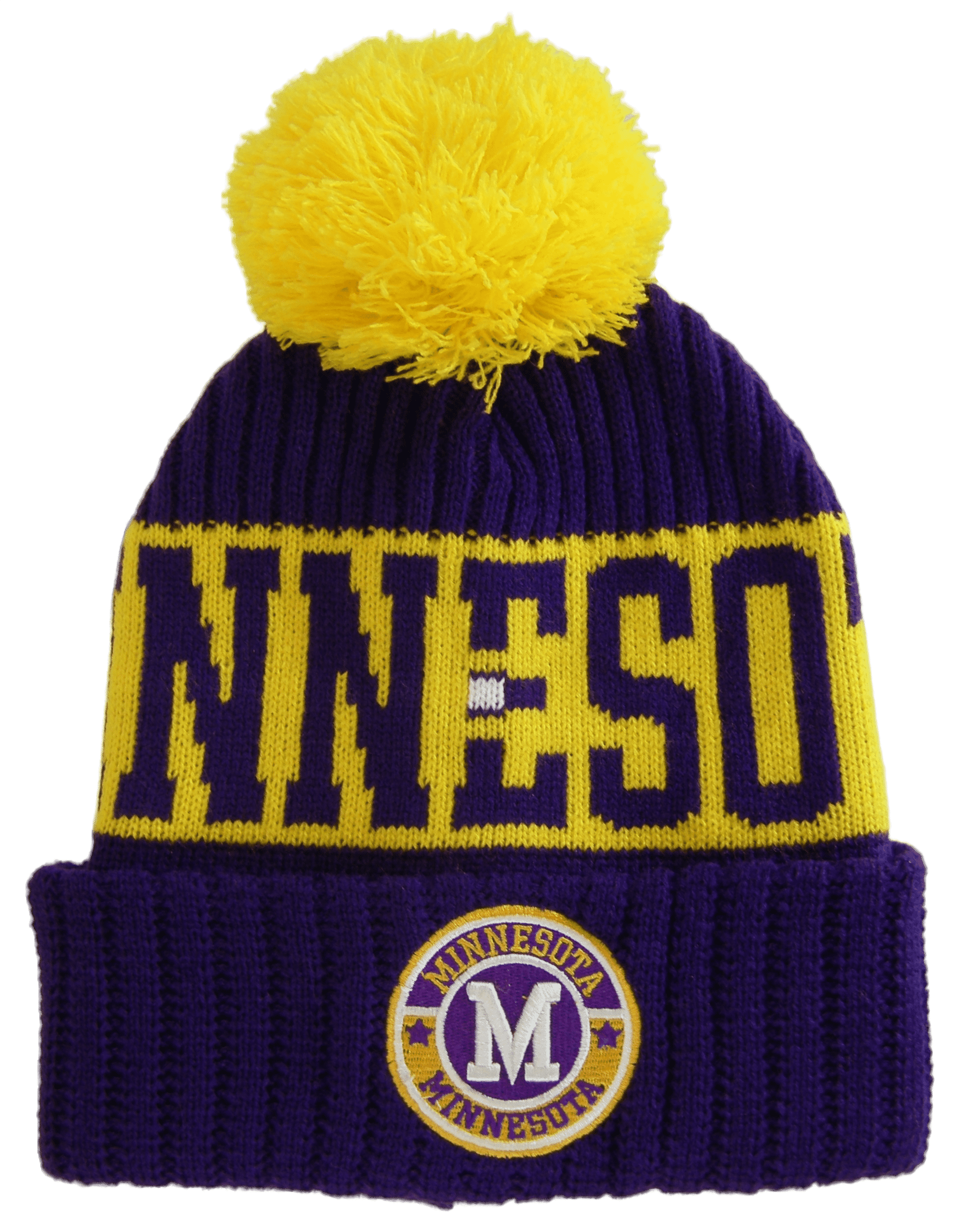 Minnesota Three Stripe Circular Patch Pom Beanie Winter Hat (Purple ...
