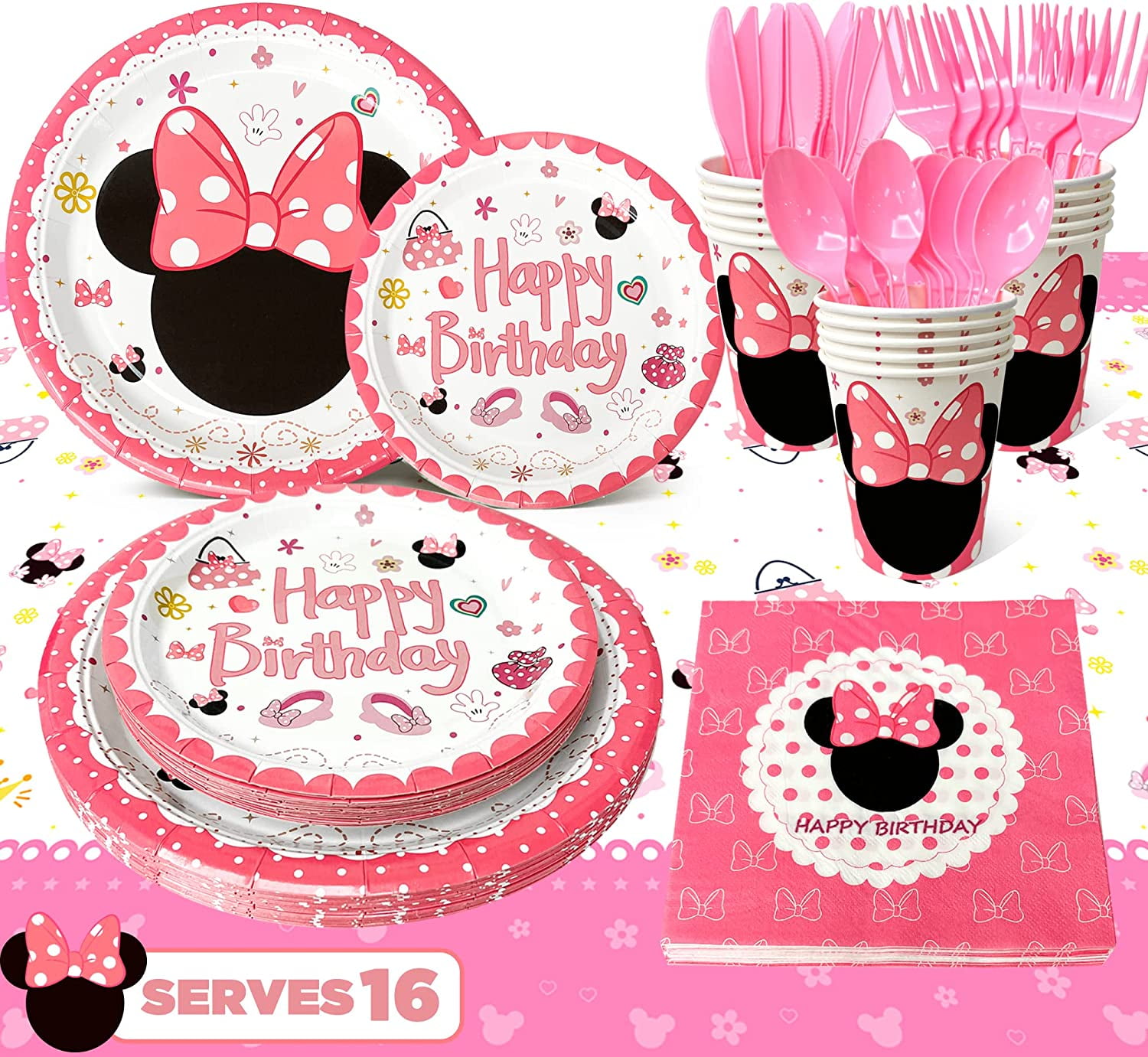 Minnie Mouse Party Supplies-113pc Set Plates, Cups, Napkins, Tablecloth ...