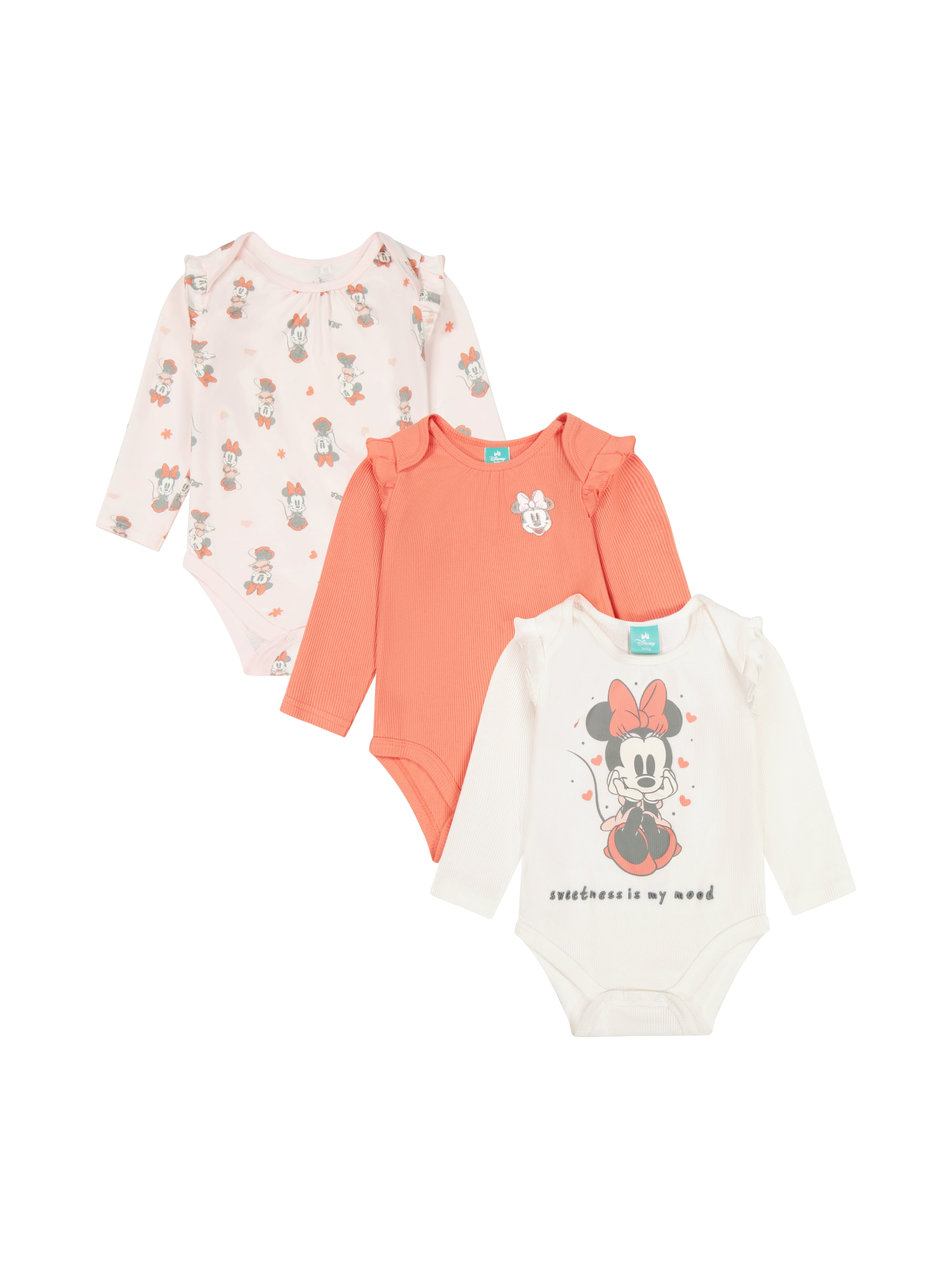 Minnie Mouse Baby Girl 3 Pack Long Sleeve Bodysuits, Size 0-24 Months ...