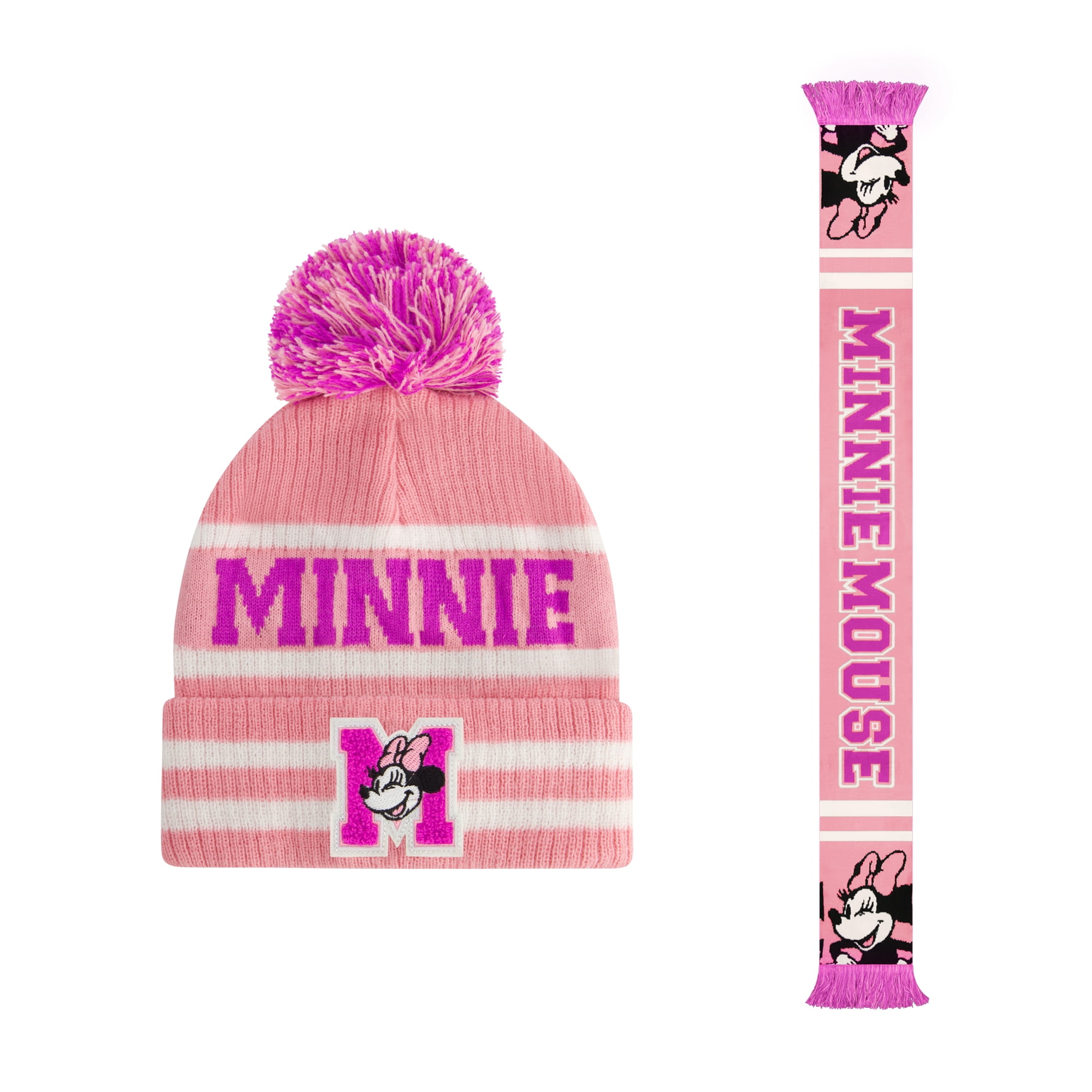 Minnie Mouse Collegiate Pom Cuff Beanie and Scarf Set - Walmart.com