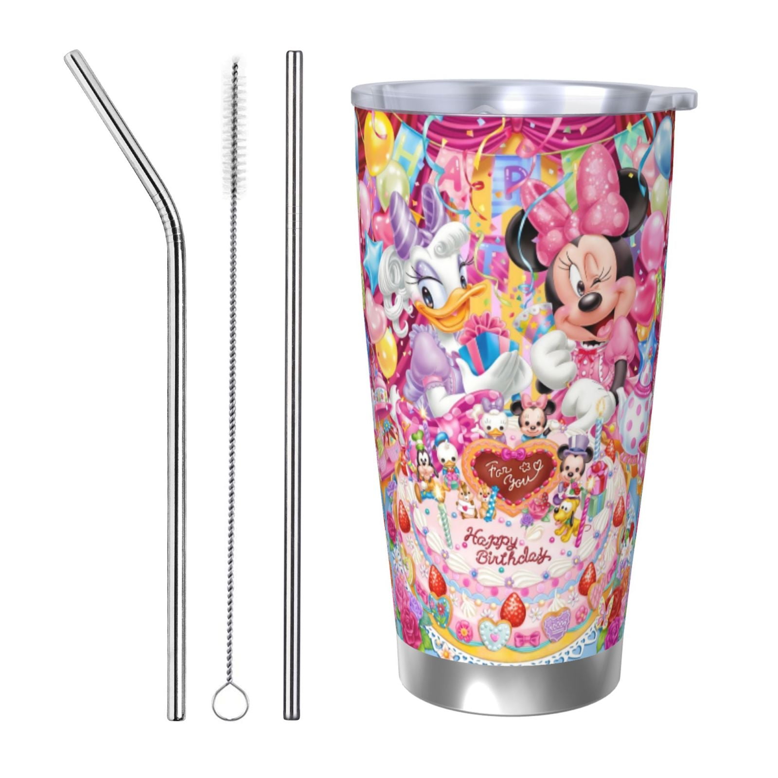 Minnie Mouse&Daisy Duck Happy Birthday Kids Water Bottle with Straw Lid,Insulated Stainless ...