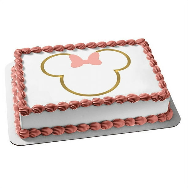 Minnie Mouse Ears Names Frame Gold with a Pink Bow Edible Cake Topper ...