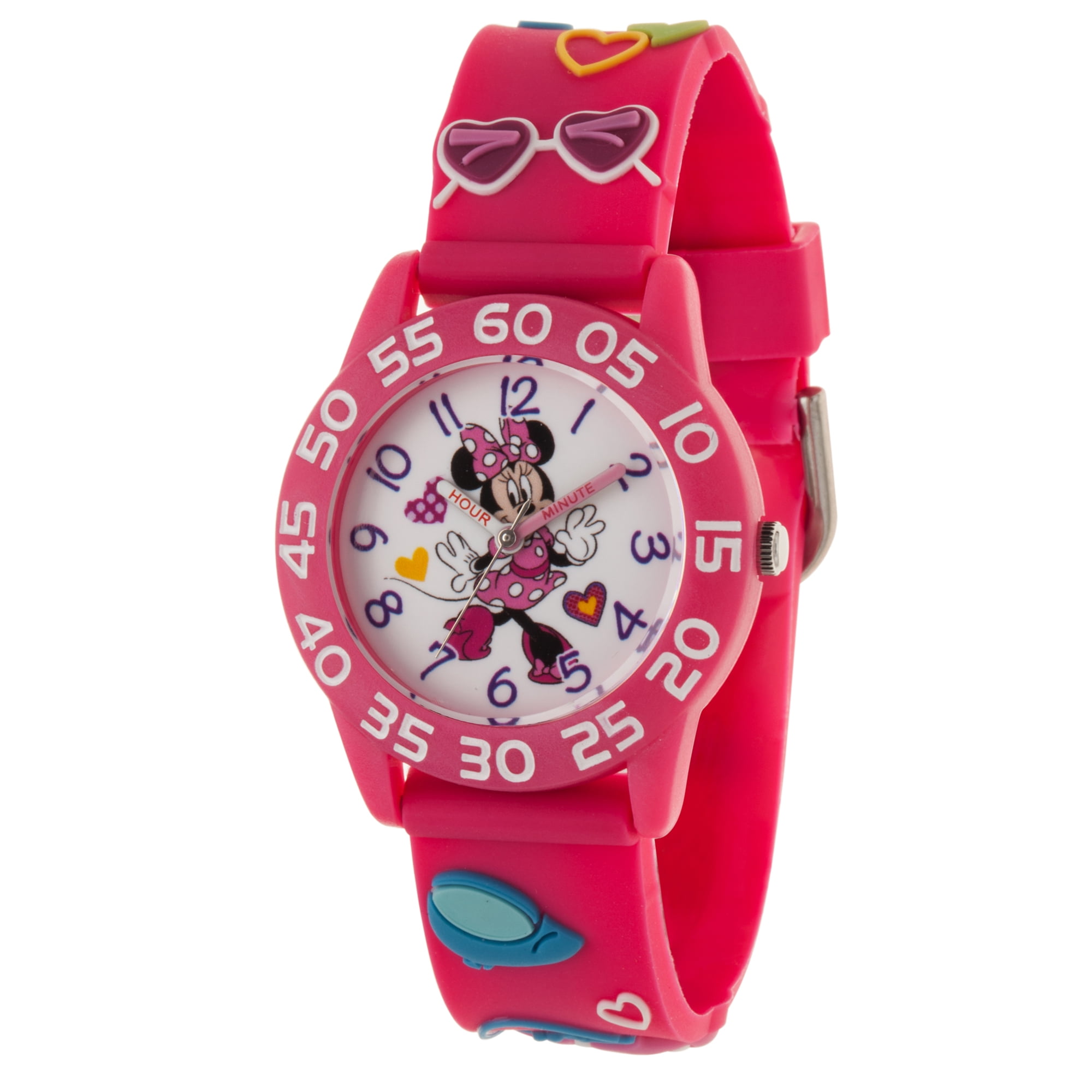 Minnie Mouse Girls' Pink Plastic Time Teacher Watch, Pink 3D Plastic ...