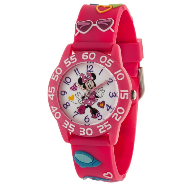 Minnie Mouse Girls' Pink Plastic Time Teacher Watch, Pink 3D Plastic ...
