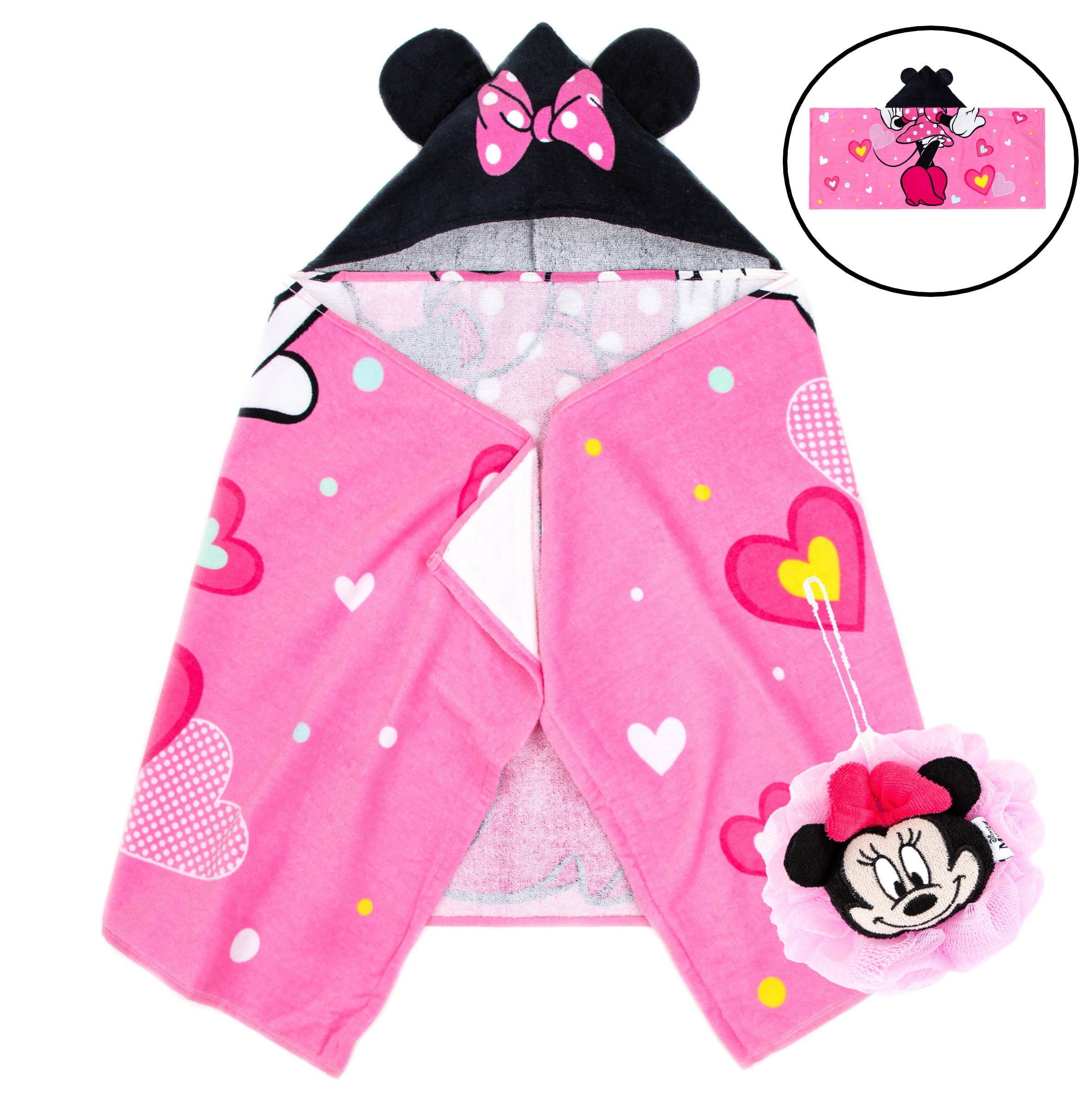 Minnie Mouse Kids Hooded Towel and Character Loofah Set, Cotton, Pink ...