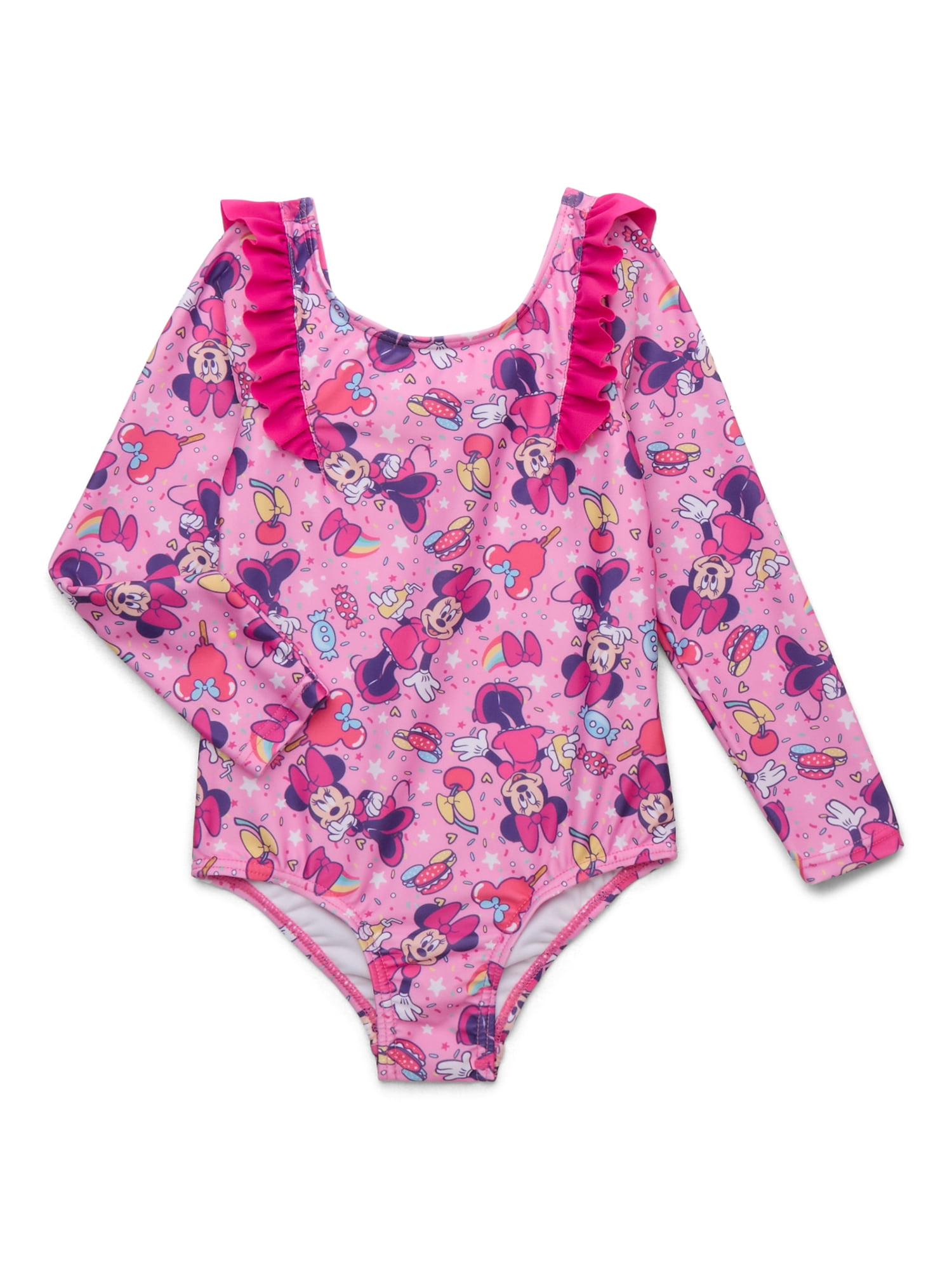Minnie Mouse Toddler Girls Long Sleeve Ruffle One Piece Swimsuit with UPF50+, Sizes 12M-5T ...