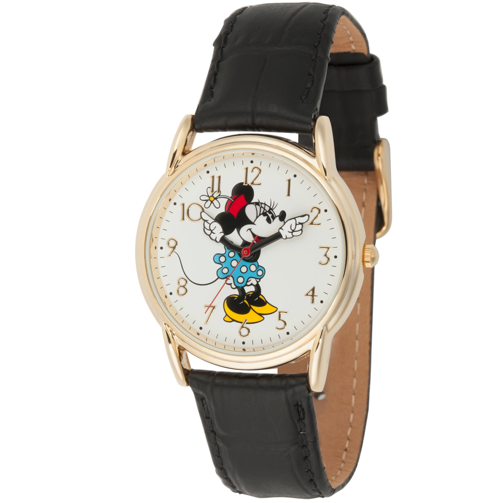 Minnie Mouse Women's Gold Cardiff Alloy Watch, Black Leather Strap ...