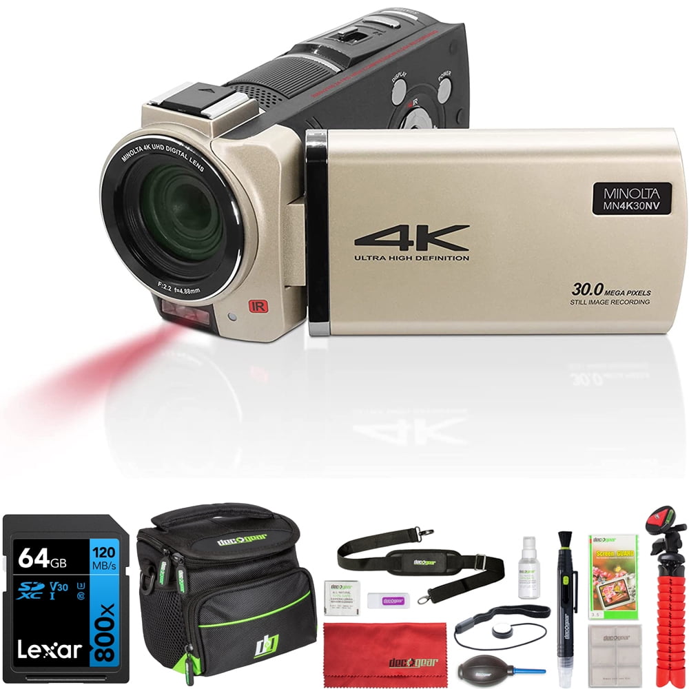 Minolta 4K HD 30 MP Night Vision Camcorder, Champagne Bundle with Lexar ...