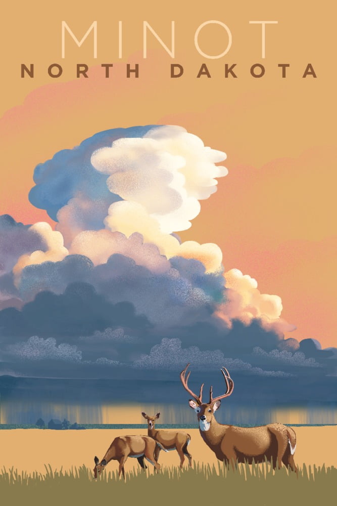 Minot, North Dakota, White-tailed Deer and Rain Cloud, Lithograph (16x24 Giclee Gallery Art ...