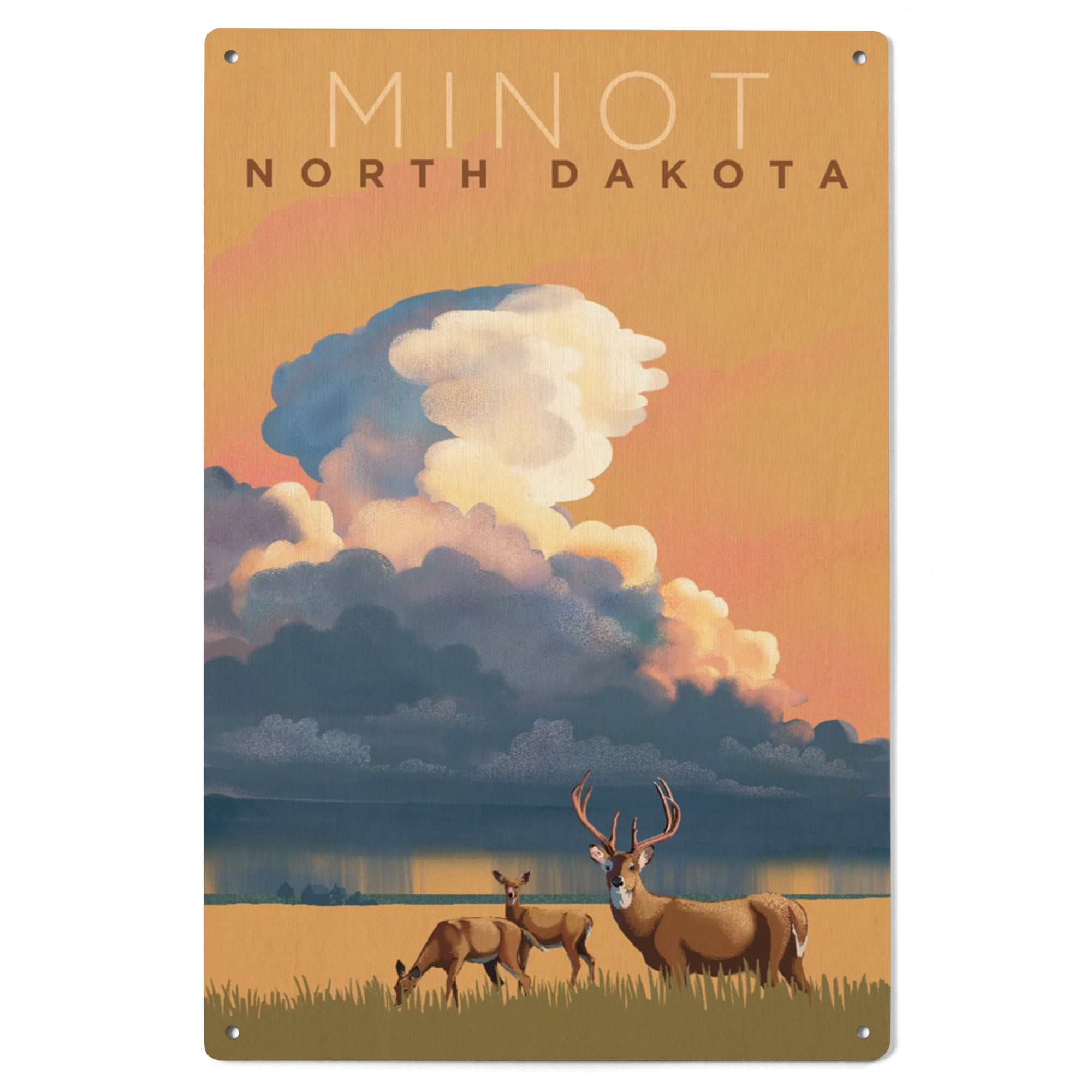 Minot, North Dakota, White-tailed Deer and Rain Cloud, Lithograph Birch Wood Wall Sign (6x9 ...