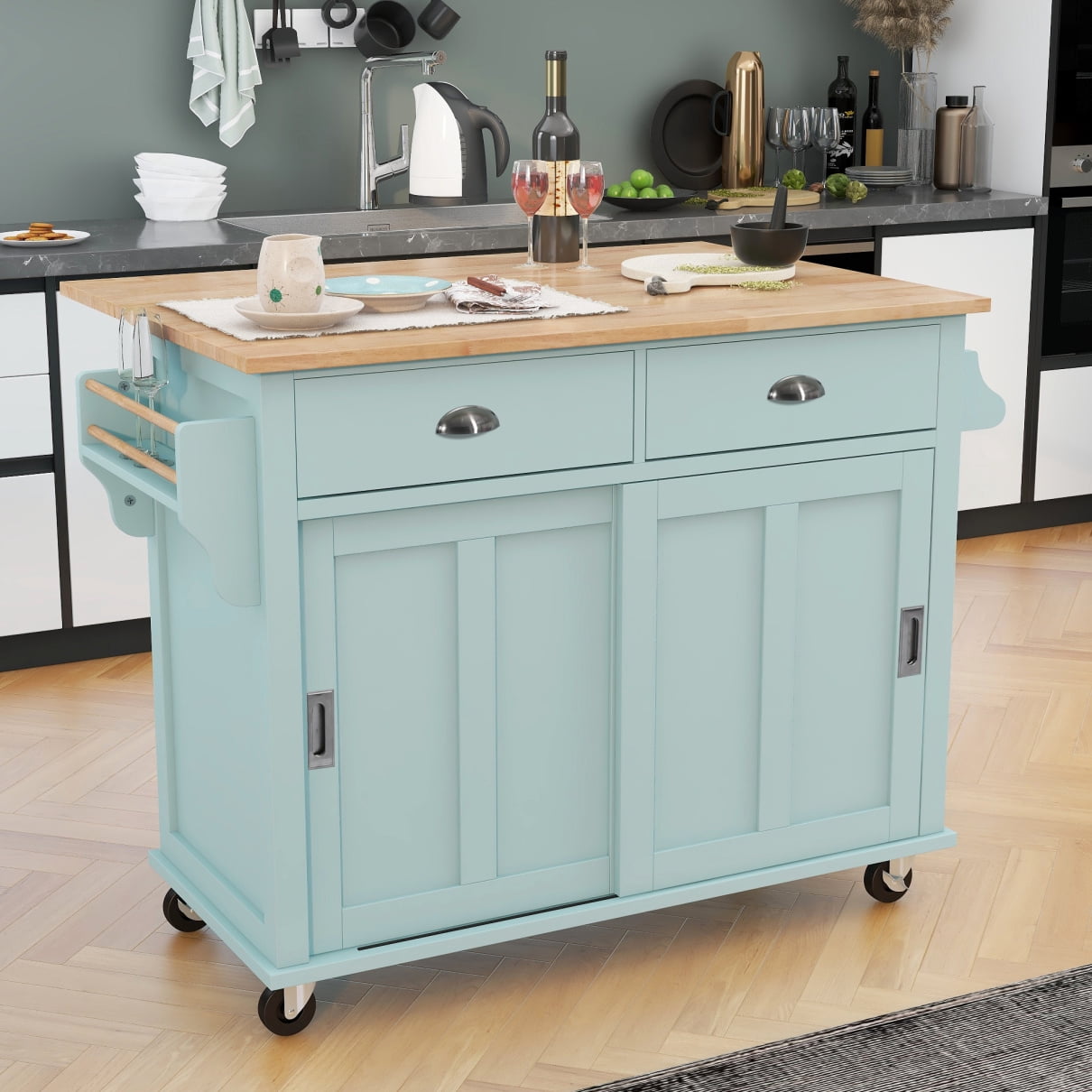 Mint Green Adjustable Height Kitchen Cart with Drop-Leaf Countertop ...