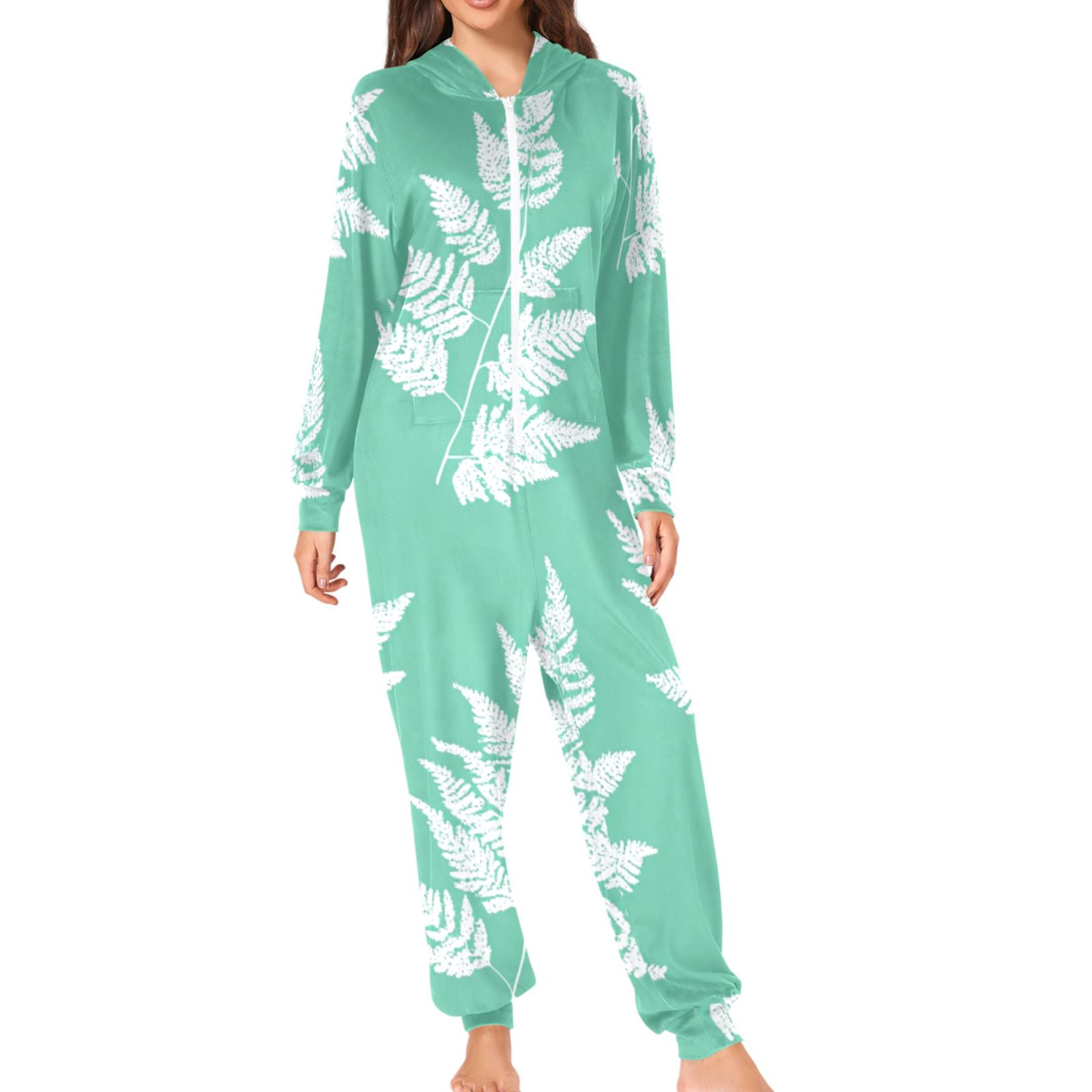 Mint Green Background White Fern Leaves Adult's Hoodie Onesie Jumpsuit ...