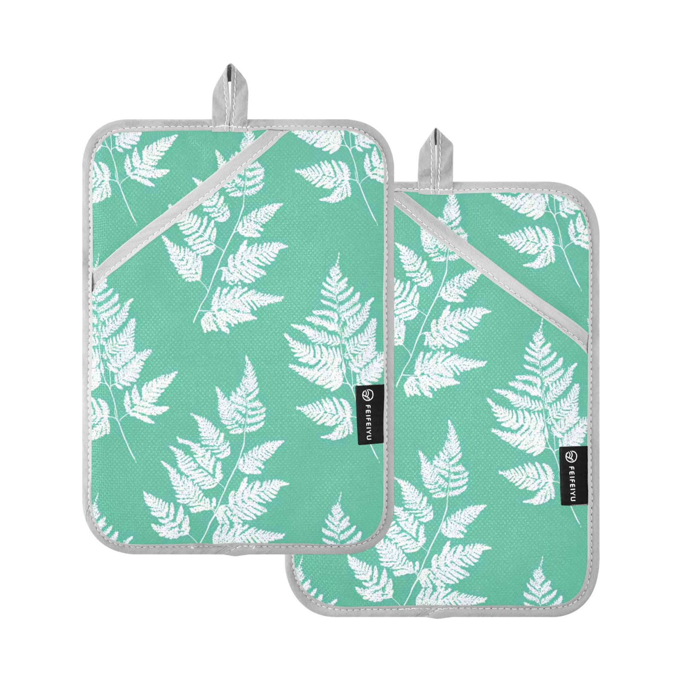 Mint Green Background White Fern Leaves Pot Holder Heat Resistant Mat ...