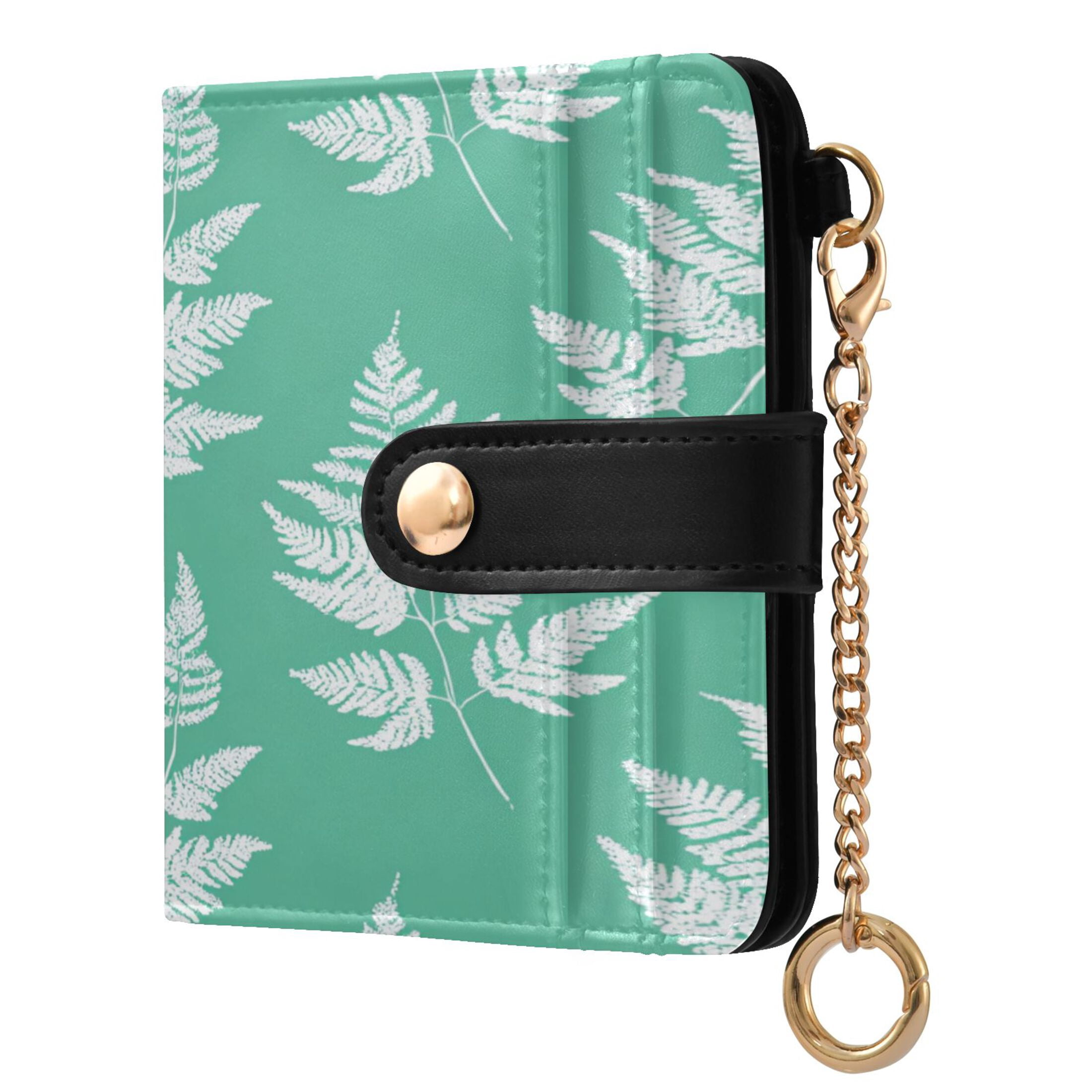 Mint Green Background White Fern Leaves Women's Wallet PU Leather Card ...
