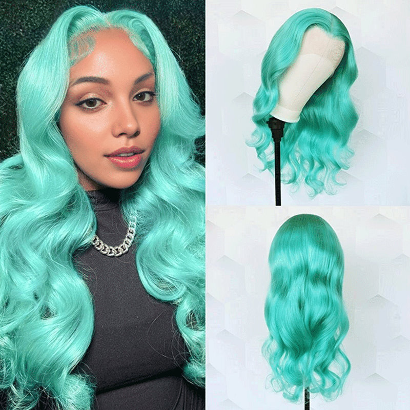 Mint Green Body Wave 13X4 Lace Front Human Hair Wig Pre Plucked With ...