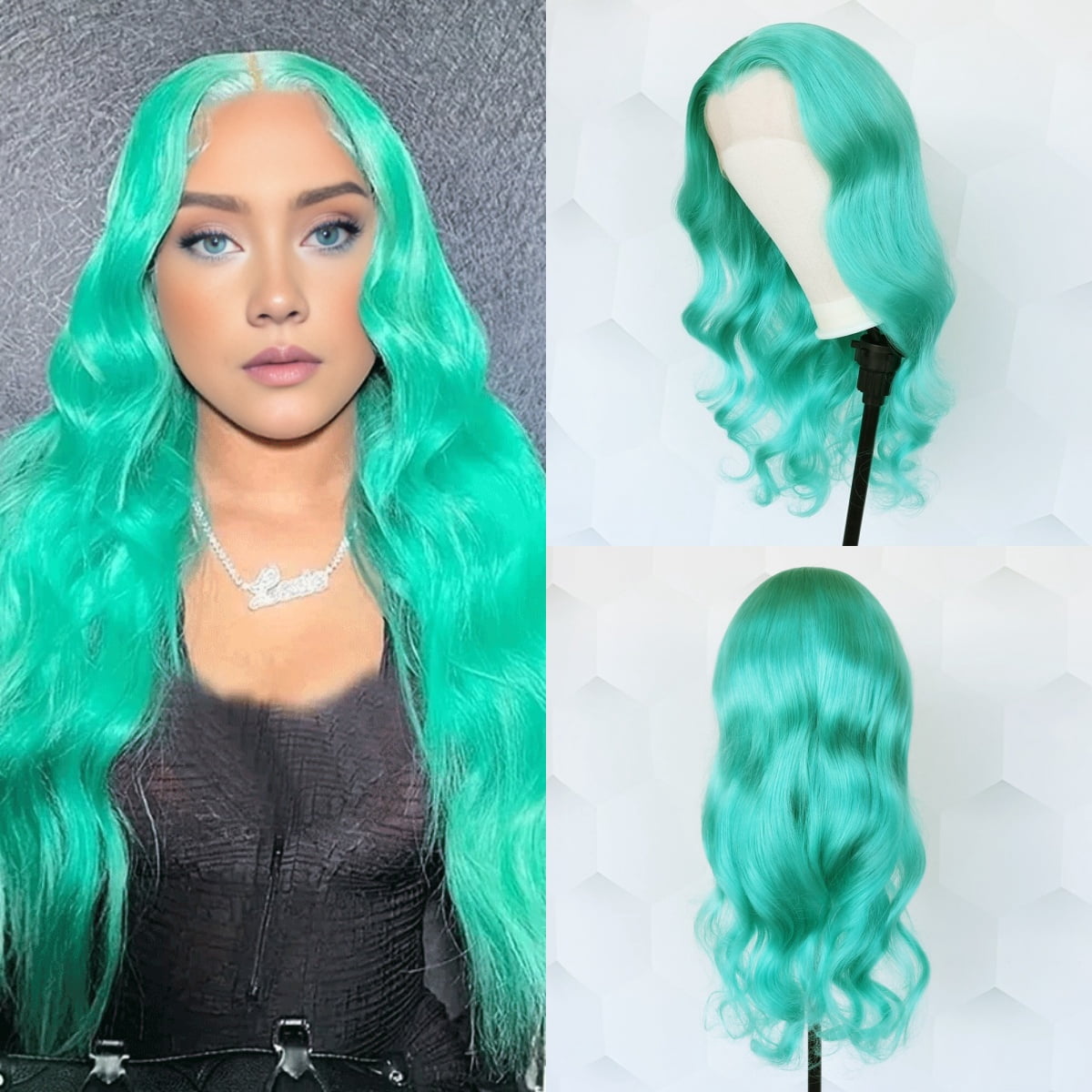Mint Green Body Wave 13X4 Lace Front Human Hair Wig Pre Plucked With ...