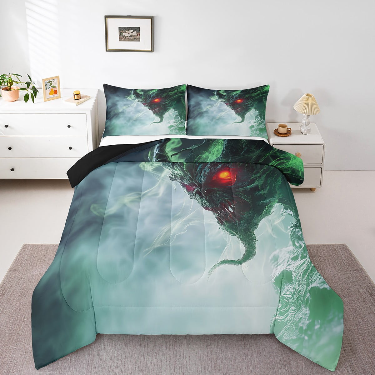 Mint Green Comforter Set Queen,Dragon Ancient Animal Duvet Insert All ...