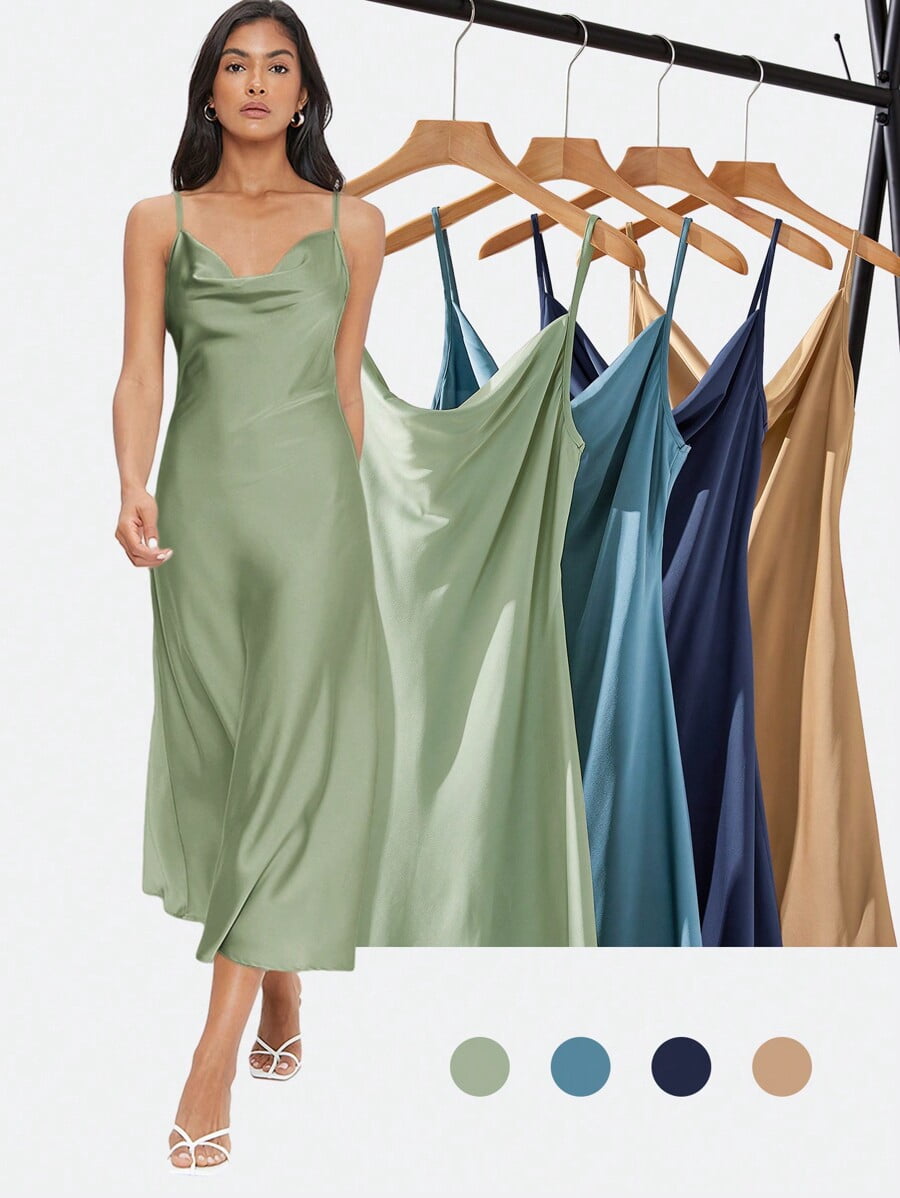Mint Green Draped Cowl Neck Satin Slip Dress, Long Sleeveless Camisole ...