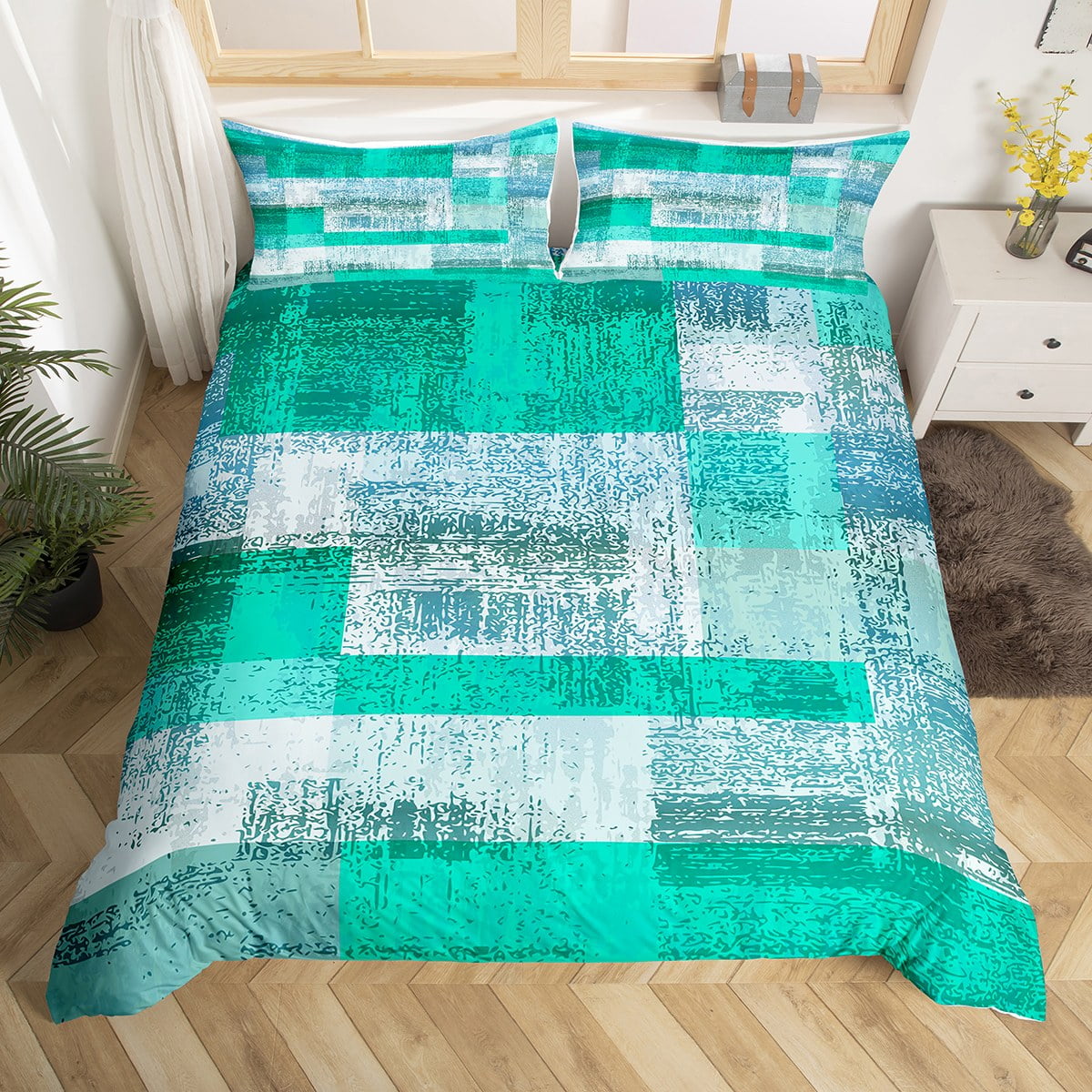 Mint Green Duvet Cover Queen Geometric Bedding Set Vintage Oil Painting ...