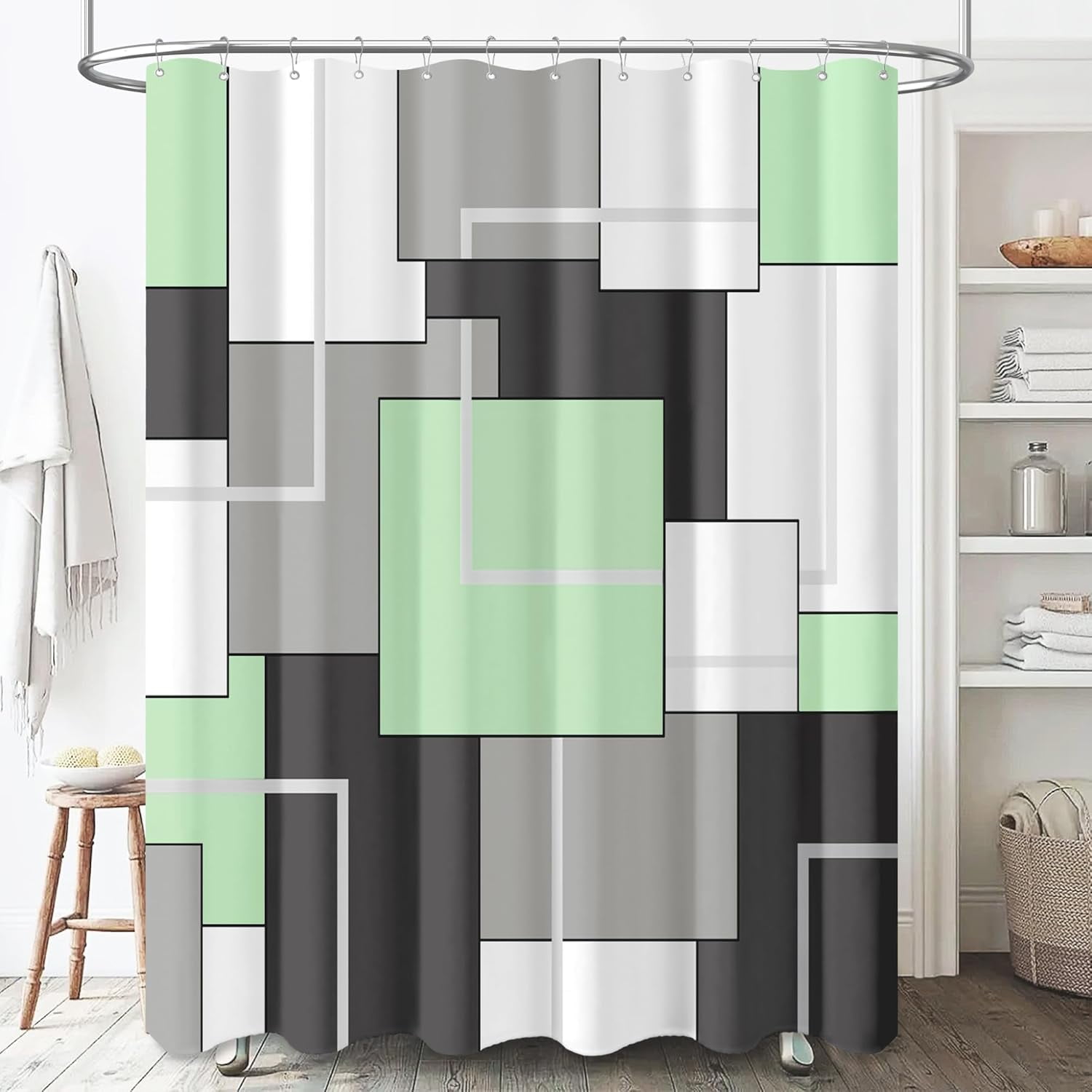 Mint Green Fabric Shower Curtain, Modern Geometric Neutral Cloth Shower Curtain Set with Hook ...