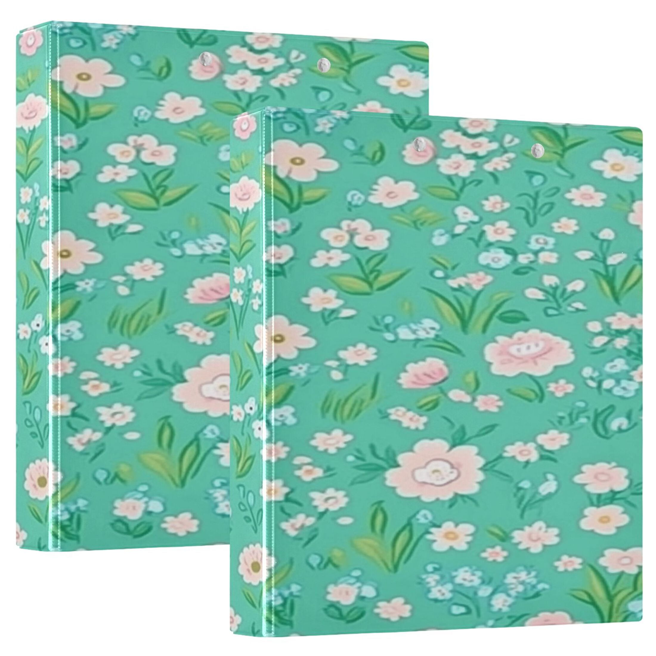 Mint Green Floral Pattern 12.4x10.6in PVC Round Ring Binders, 2-Pack, D ...
