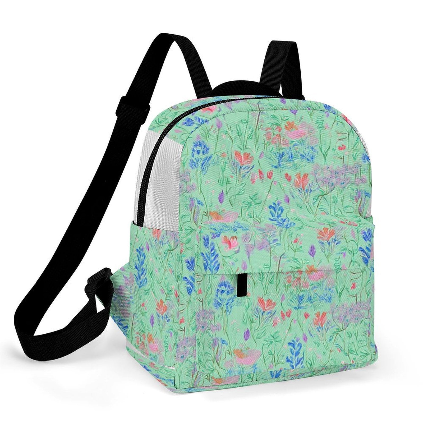Mint Green Floral Textile Design Small Backpack Cute Mini Backpacks For ...