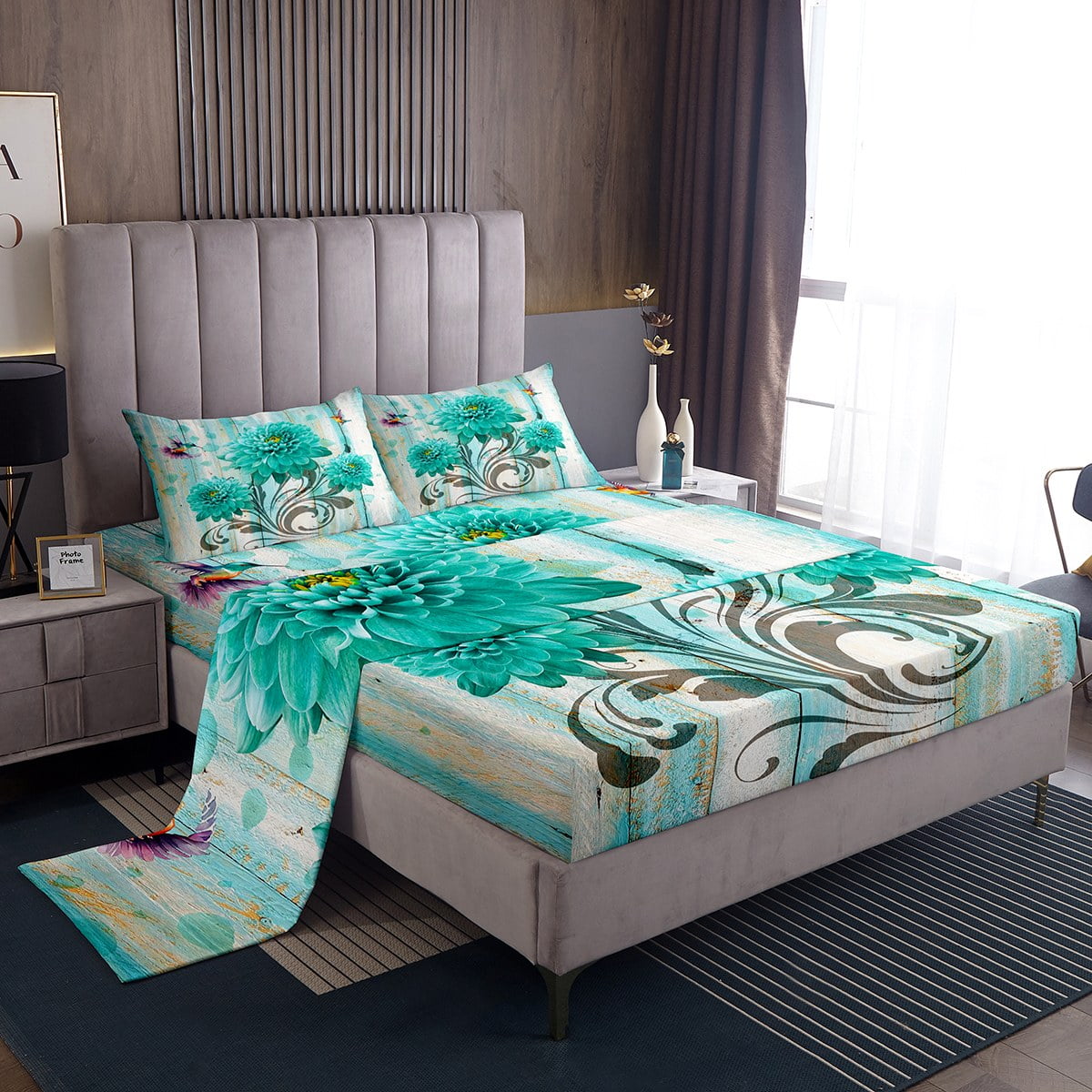 Mint Green Flowers Bed Sheets Set Chrysanthemum Floral Queen Sheet Set ...