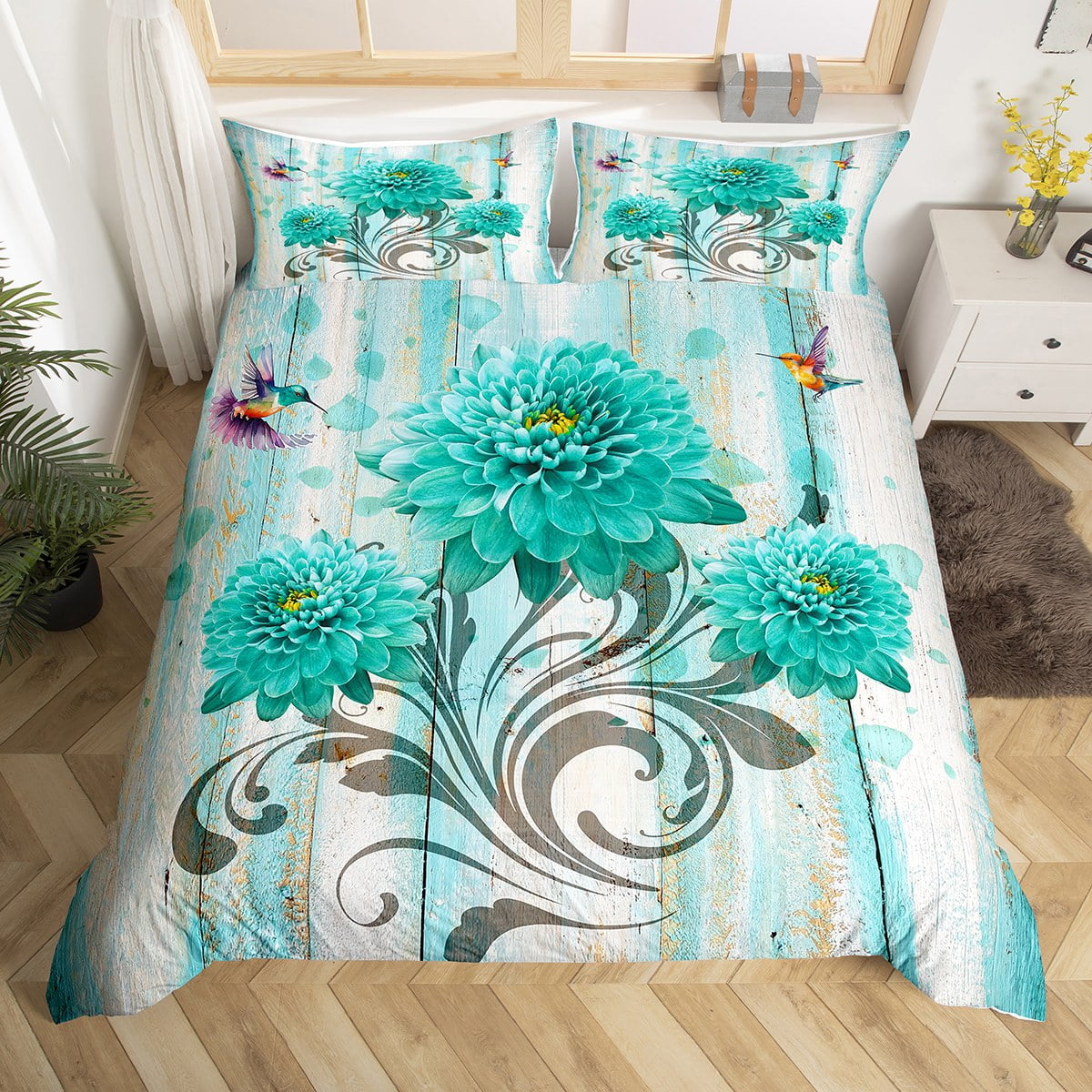 Mint Green Flowers Duvet Cover Chrysanthemum Flower Full Bedding Set ...