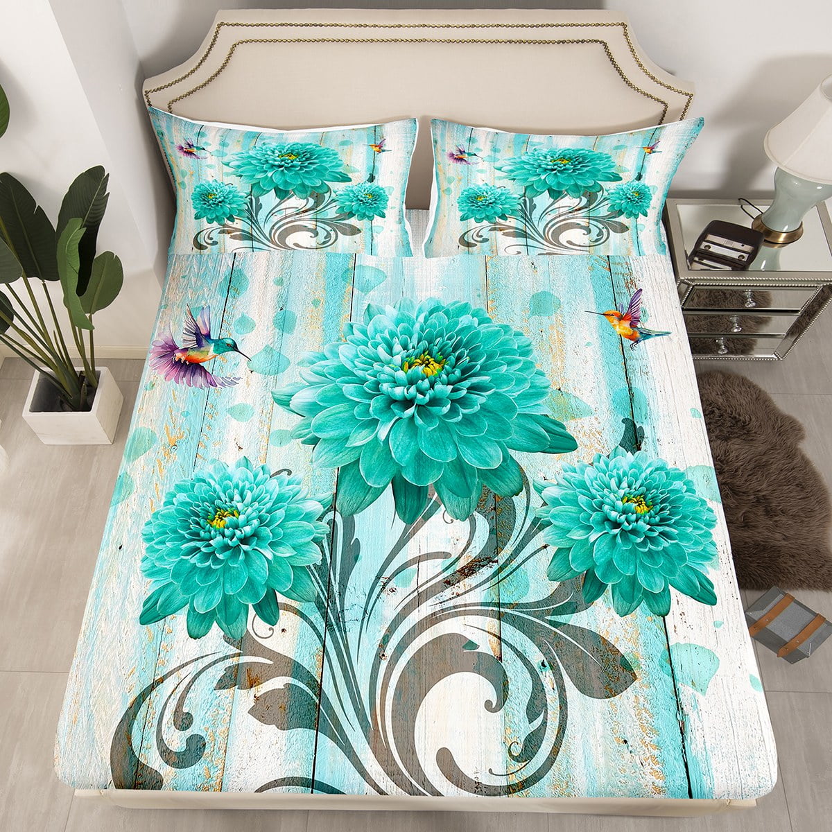 Mint Green Flowers Fitted Sheet Chrysanthemum Floral Queen Bed Sheets ...