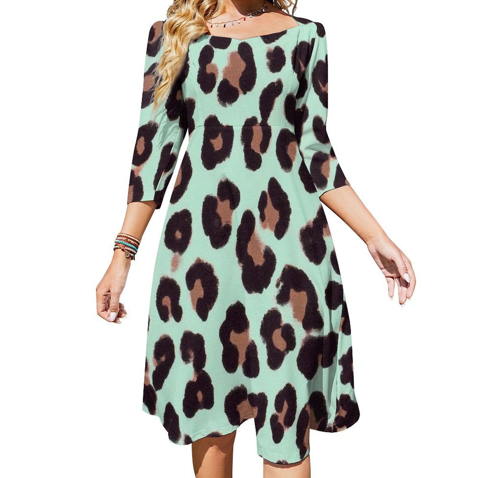 Mint Green Leopard Print Fabric Sweetheart Knot Flared Dress Fashion ...