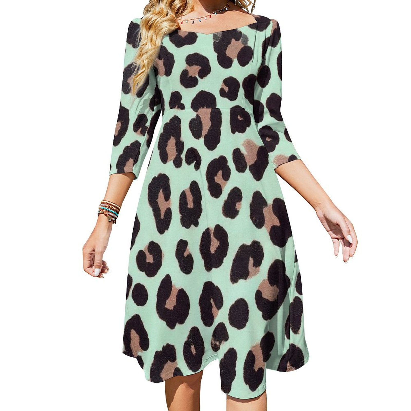 Mint Green Leopard Print Pattern Womens Summer Dress Tie Back A Line ...