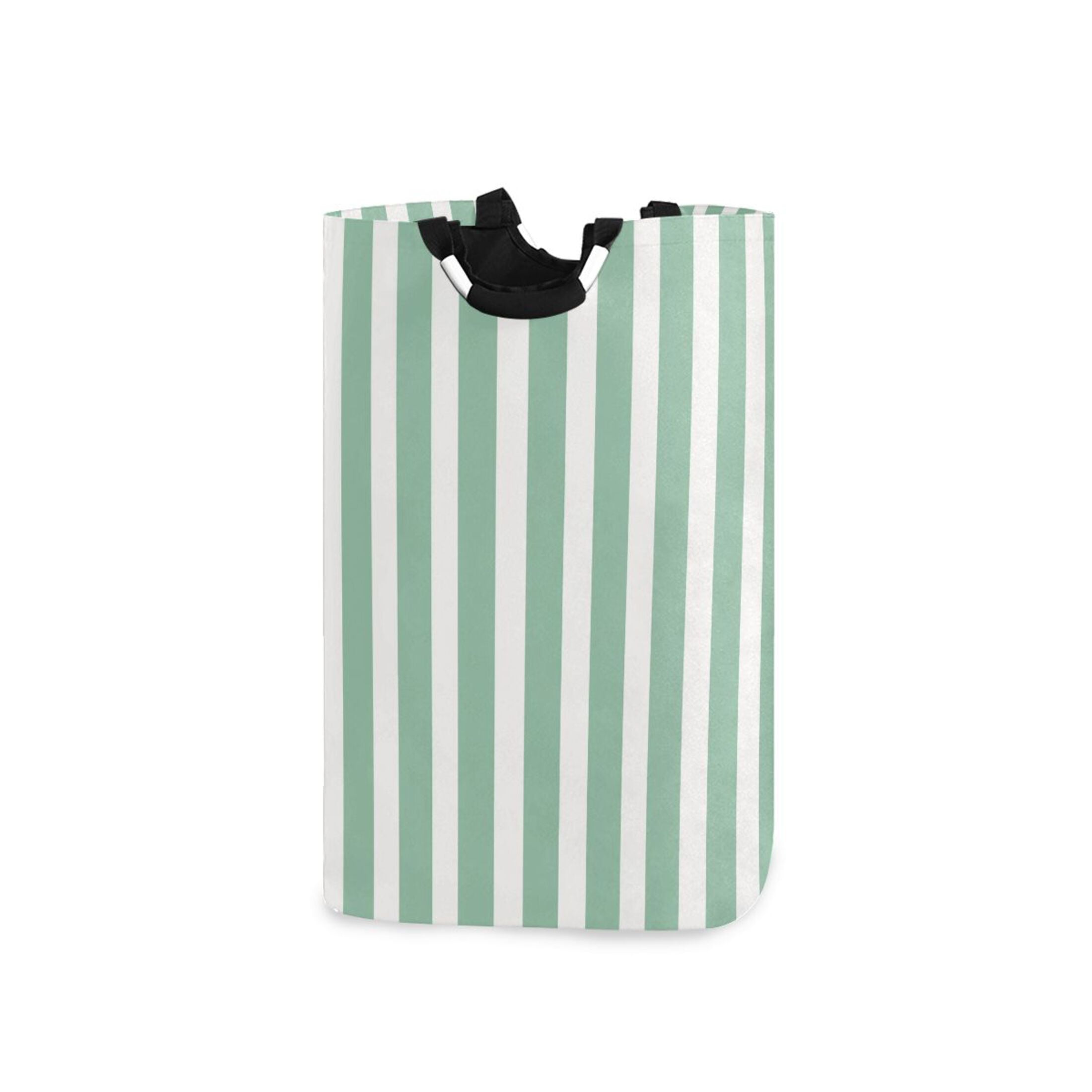 Mint Green Narrow Stripes Laundry Basket with Handles Foldable Laundry ...