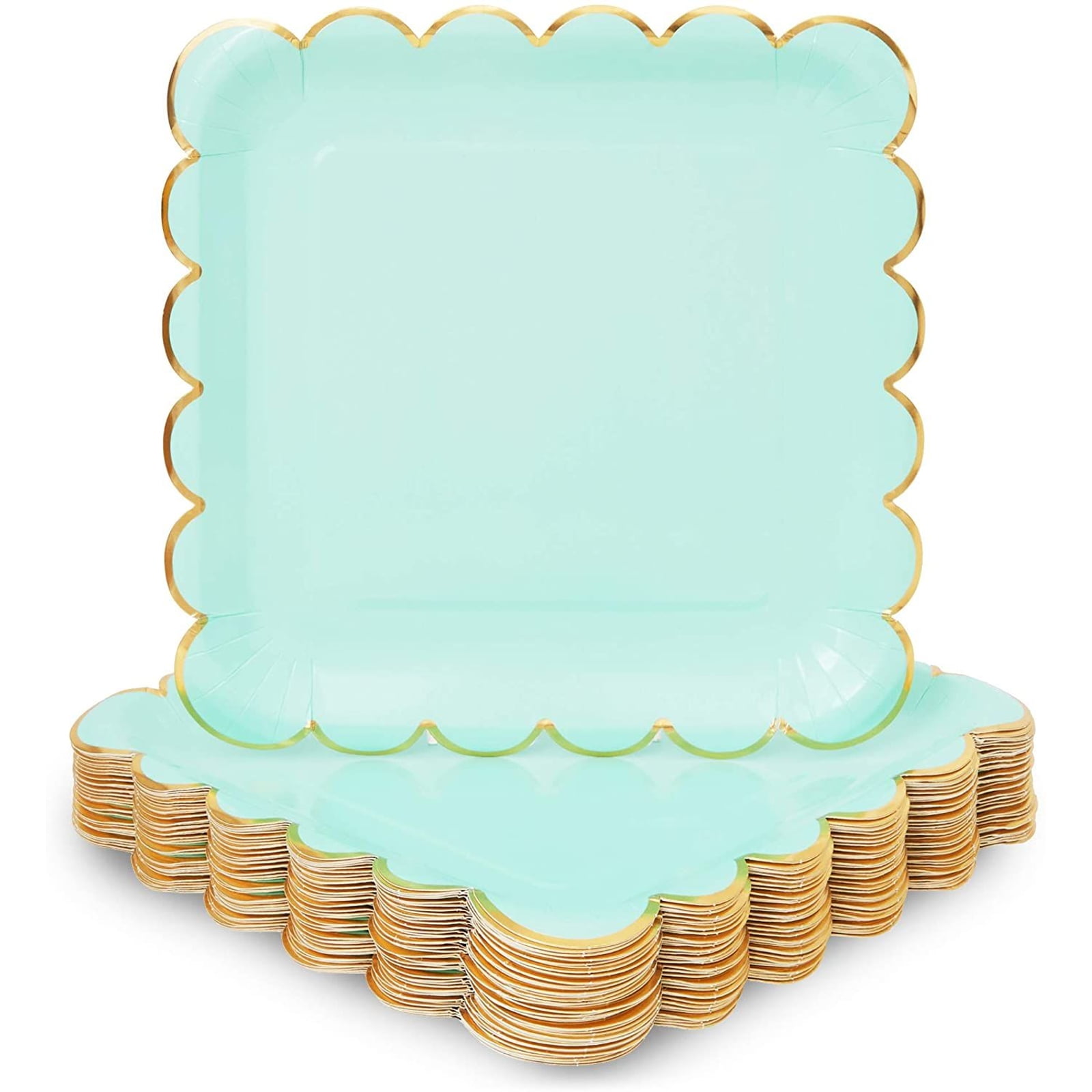 Mint Green Square Paper Plates, Gold Foil Scalloped Edge (9 In, 48 Pack ...