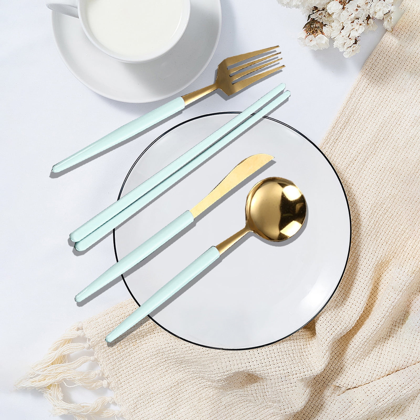 Mint Green Stainless Steel 4-Piece Cutlery Set w/ Knife, Fork, Spoon ...