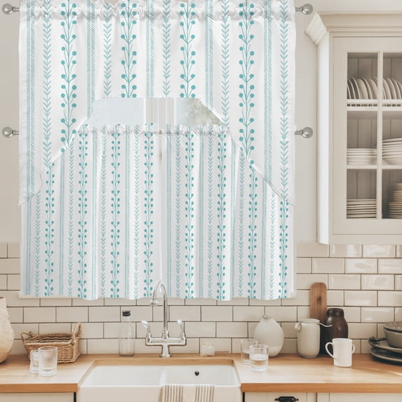 Mint Green Stripes Swag Curtains Valance and Tier Set, Navy Blue Dashed ...
