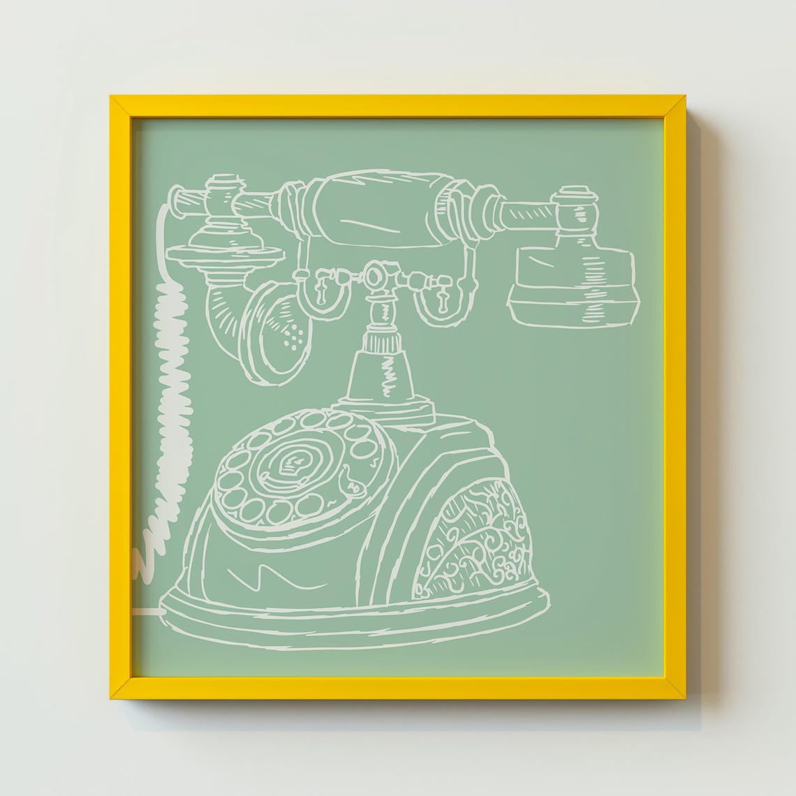 Mint Green Telephone Square Doodle Line Illustration Print, Art Print ...