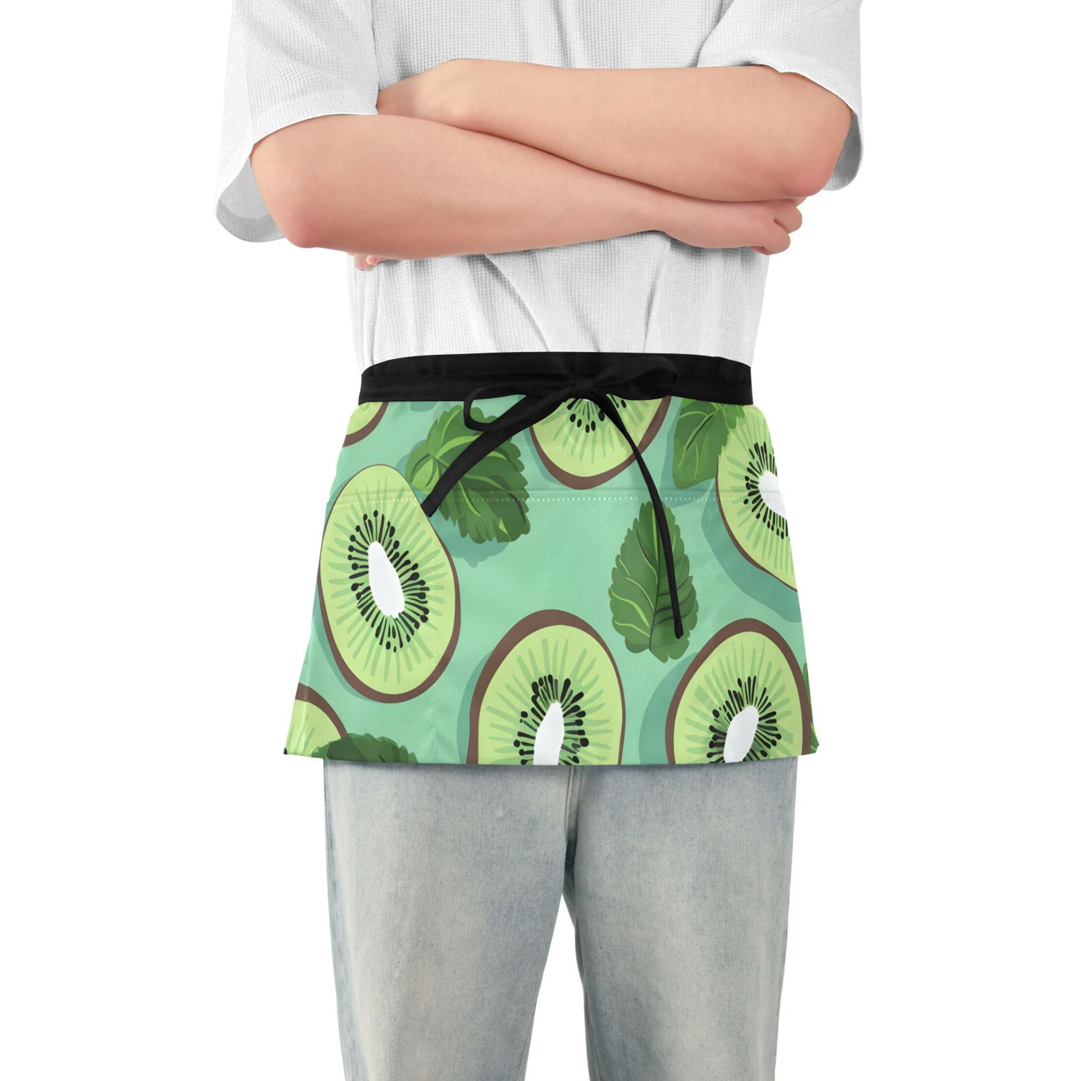 Mint Leaves Kiwi Fruit Short Server Apron with 3 Pockets for Unisex ...