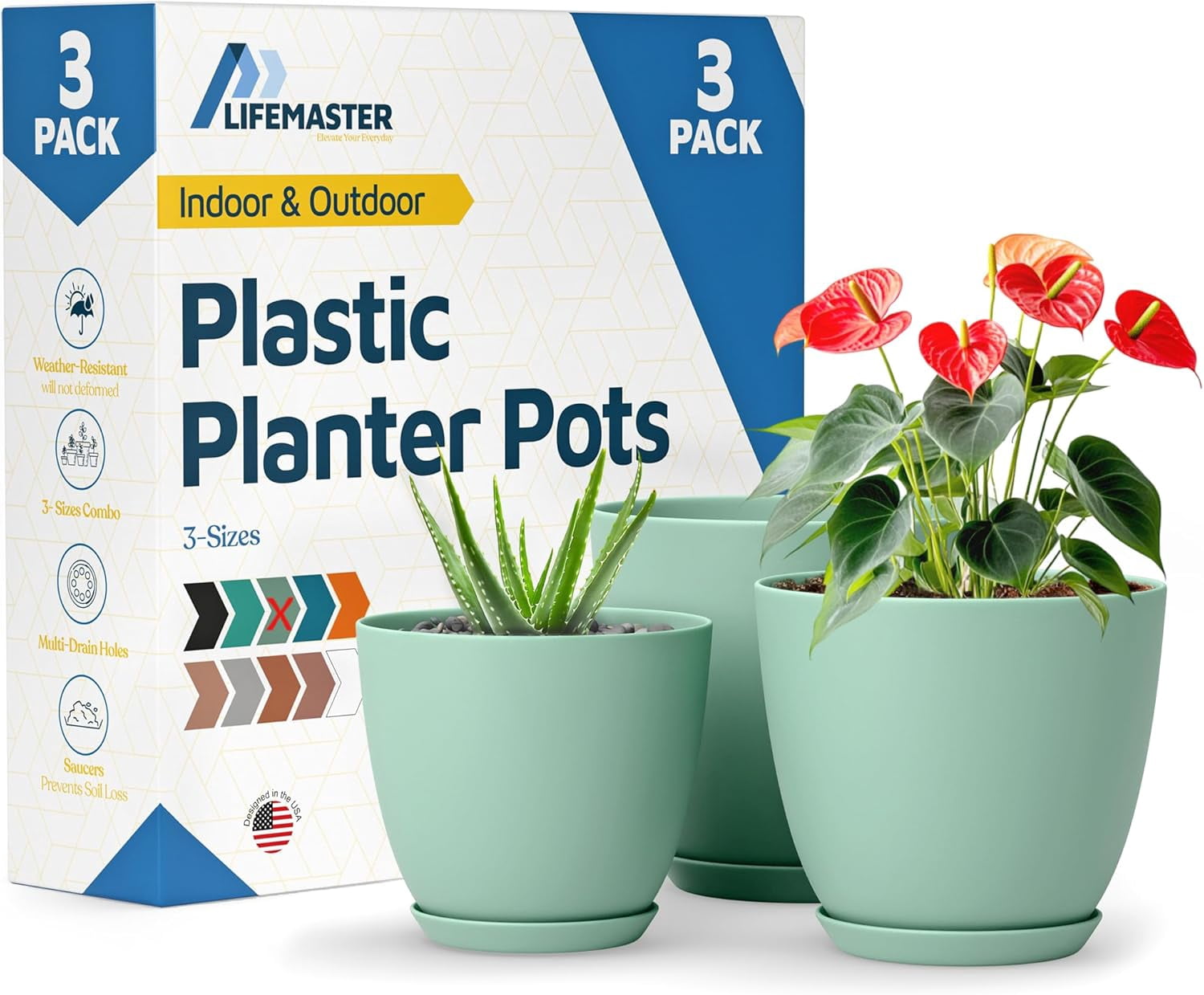 Mint Plant Pots with Drainage Holes & Saucers 3 Packs, Indoor & Outdoor ...