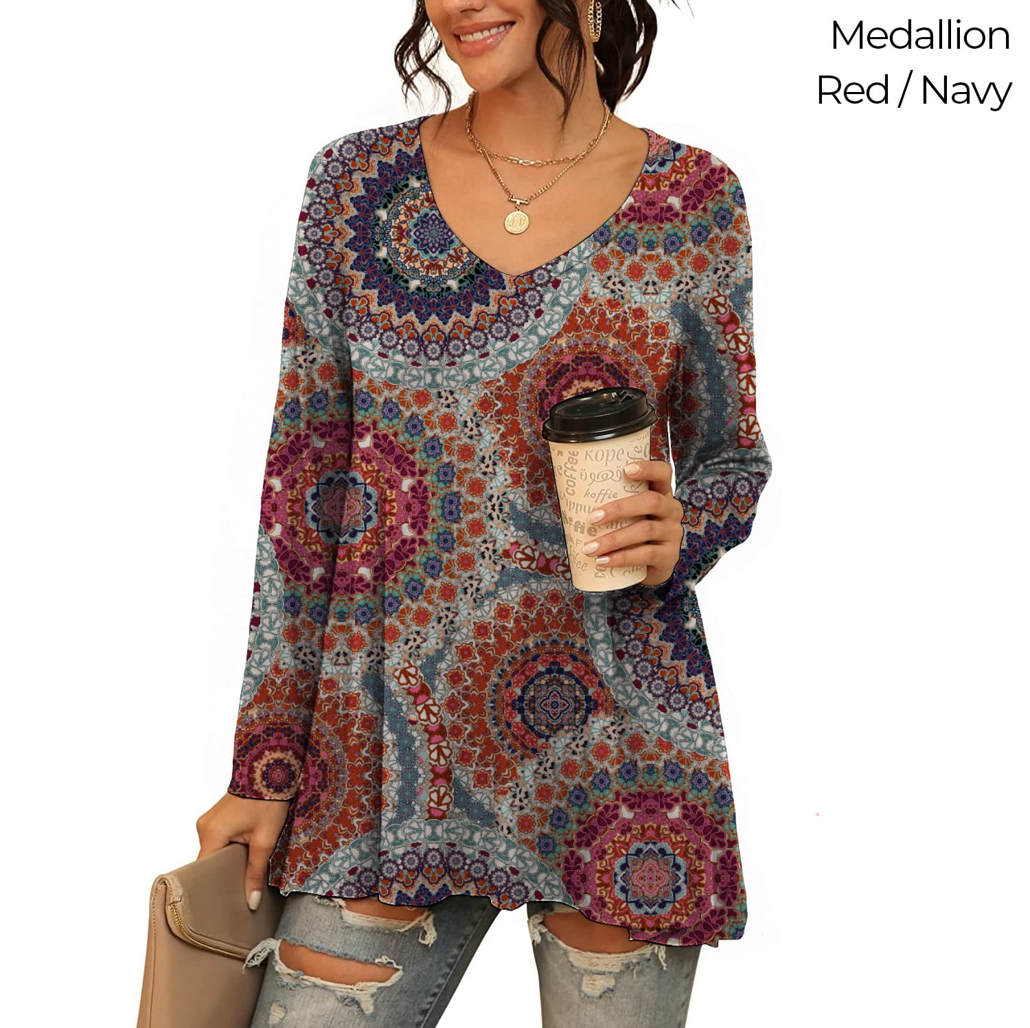 Mint Plus Pink - Women's Long Sleeve V-Neck Tunic Tops - Fit Flare ...