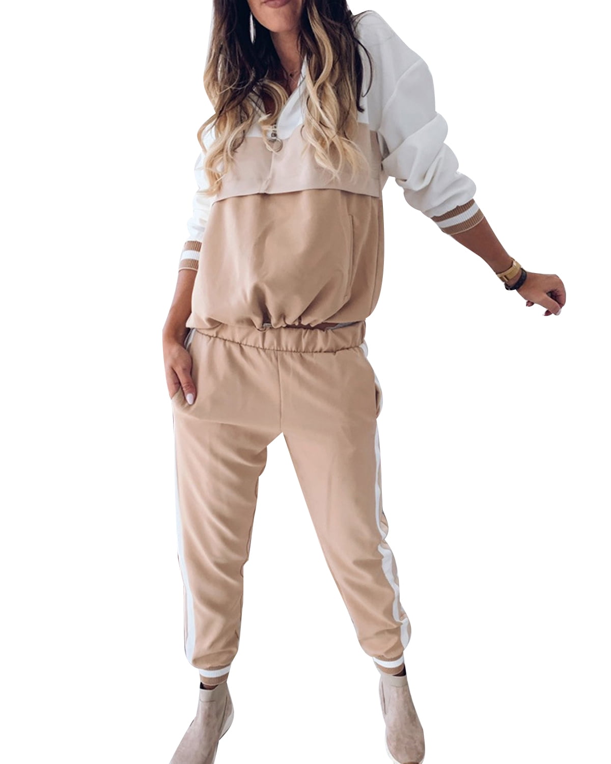 MintLimit Women's Casual 2 Piece Tracksuit Set Striped Patchwork Zipper ...