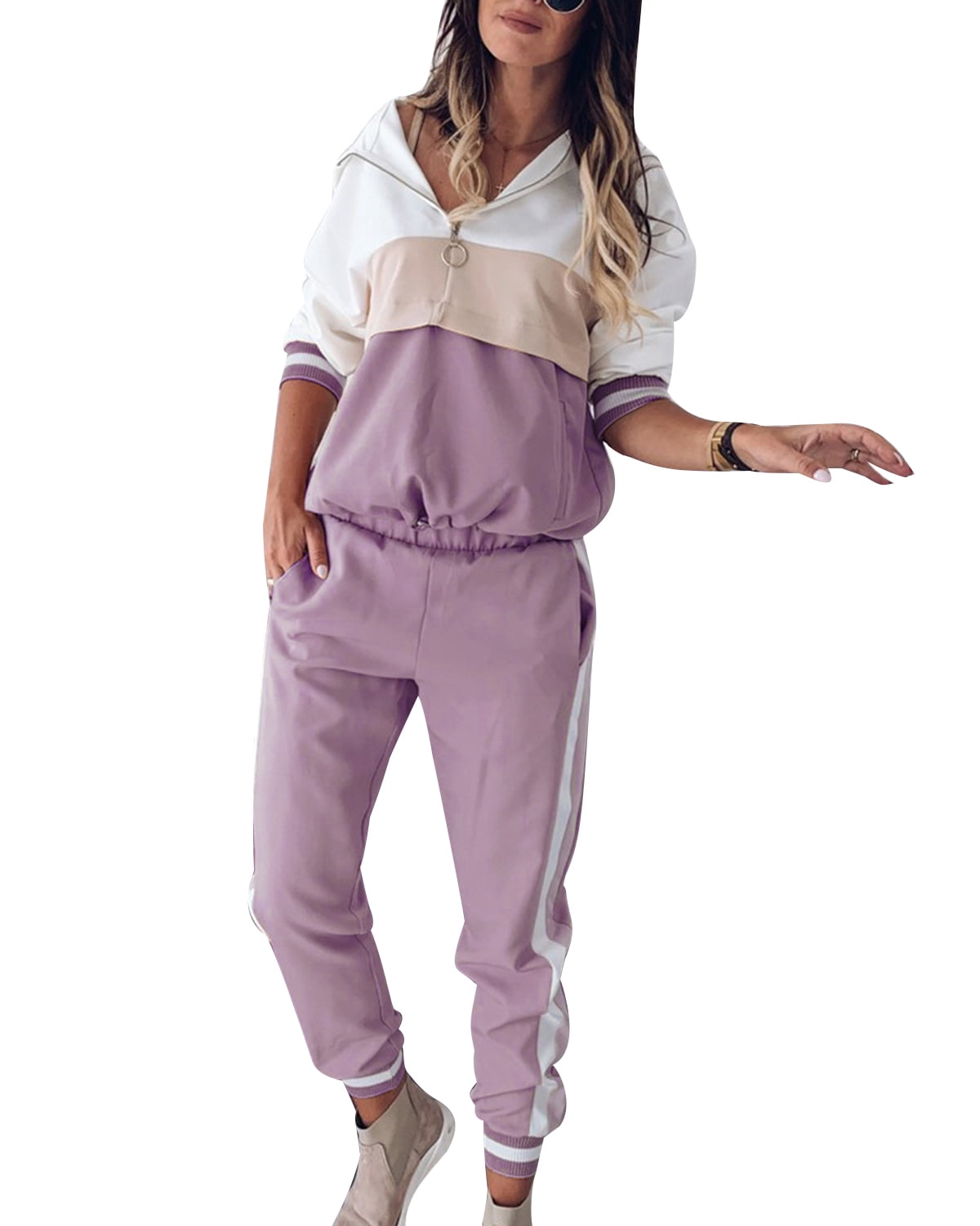 MintLimit Women's Casual 2 Piece Tracksuit Set Striped Patchwork Zipper ...