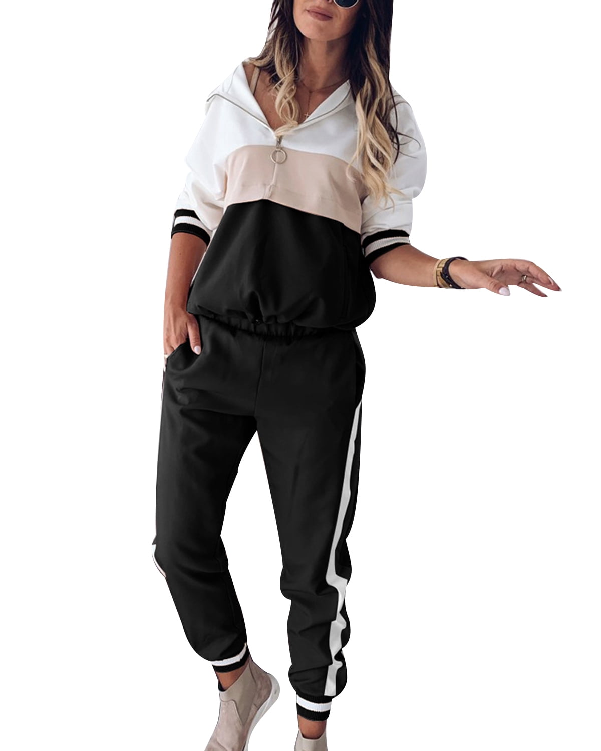 MintLimit Women's Casual 2 Piece Tracksuit Set Striped Patchwork Zipper ...