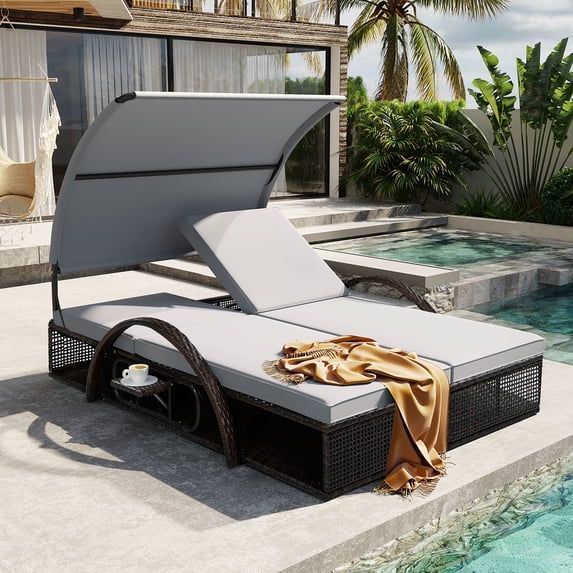 Mintazer 72.8" Outdoor Double Chaise Lounge with Adjustable Canopy ...