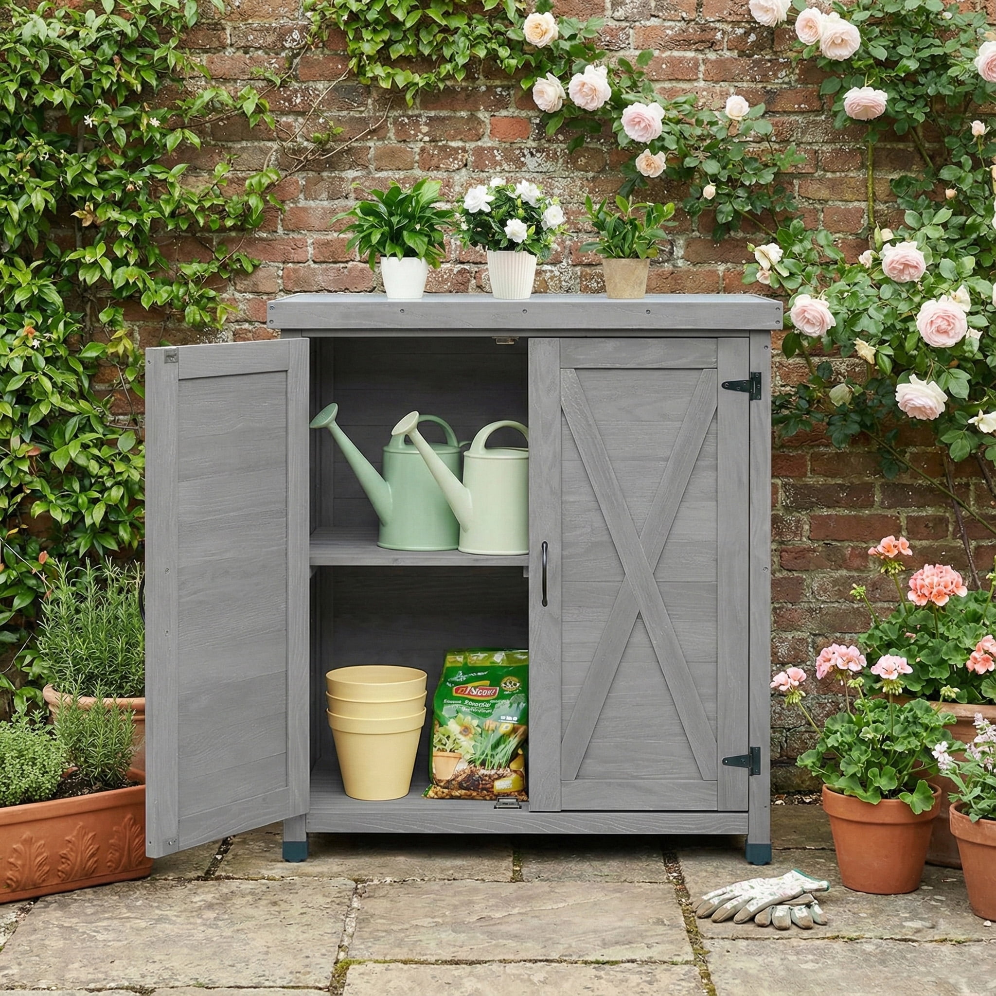 Mintazer Farmhouse Outdoor Potting Bench with Storage Cabinet, Patio ...