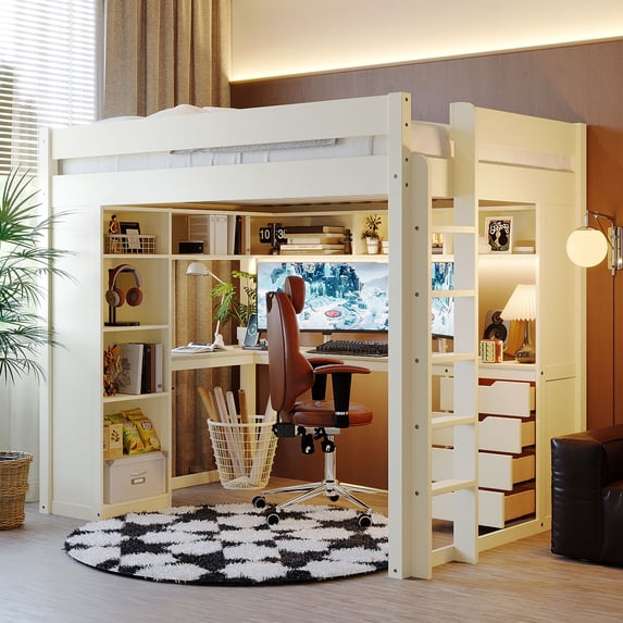 Mintazer Full Loft Bed with L-Shaped Desk & Smart LED Lights and Charge ...