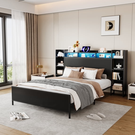 Mintazer Full Size Bed Frame with LED Bookshelf Headboard & Charging ...